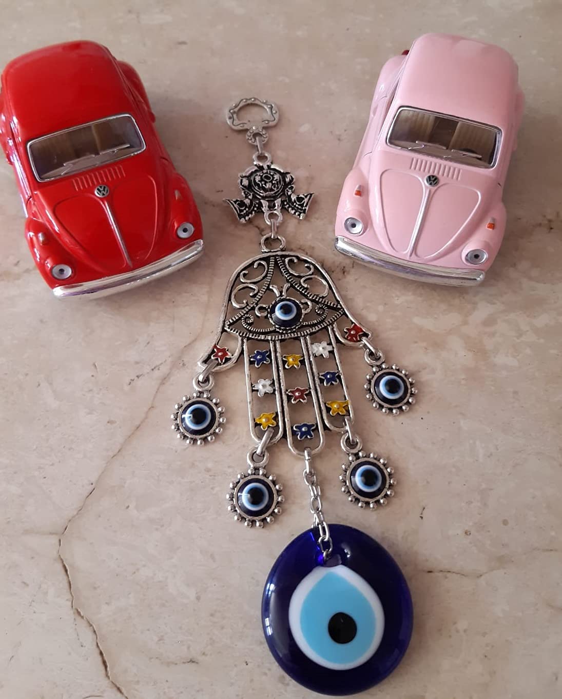Designus Handmade Home Garden Decorative Blue Glass Metal Hamsa Hand Evil Eye Wall Amulet Hanging Macrame Ornament Craft