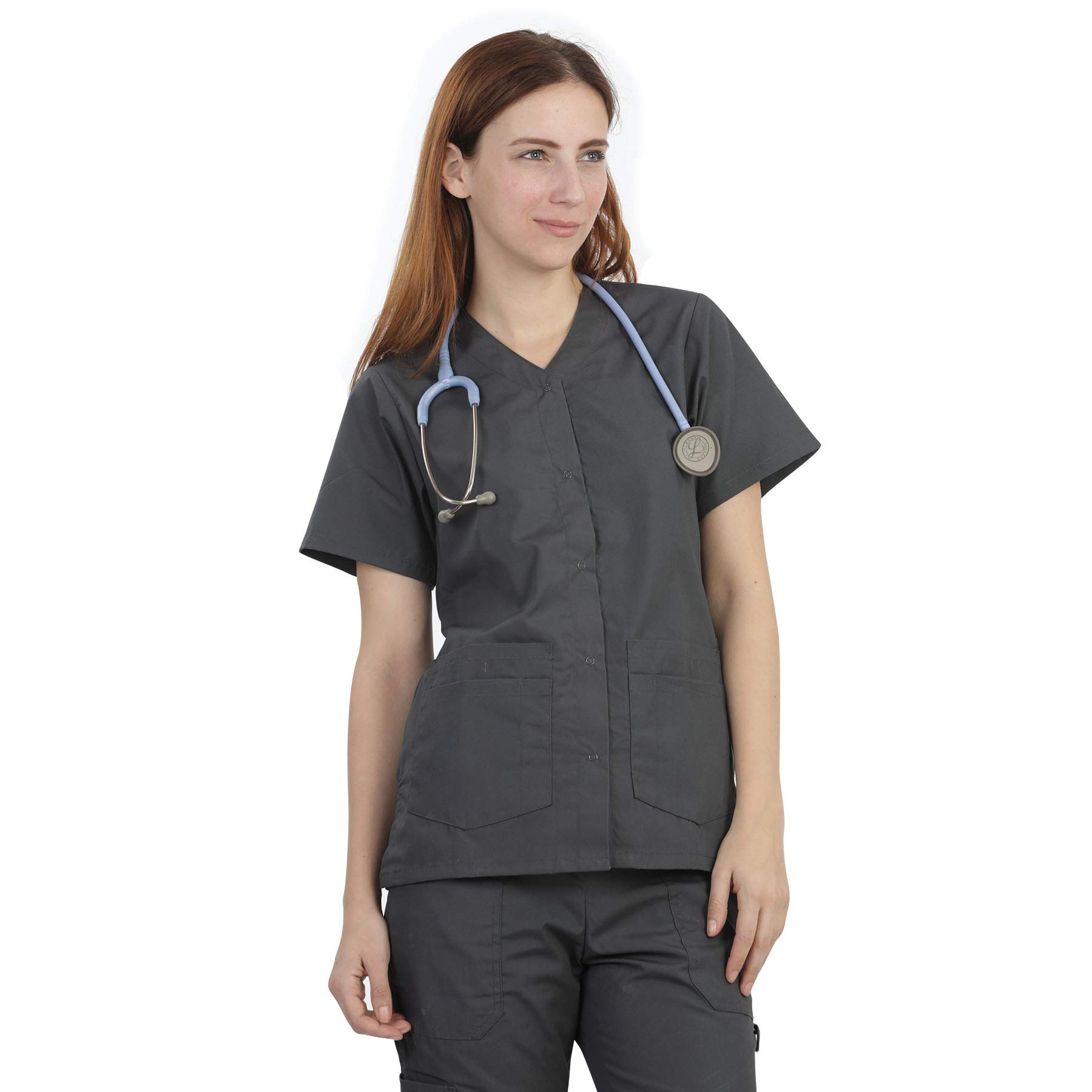 Womens V-Neck SNAP Closure Scrub TOP with Short Sleeves Size L Pewter
