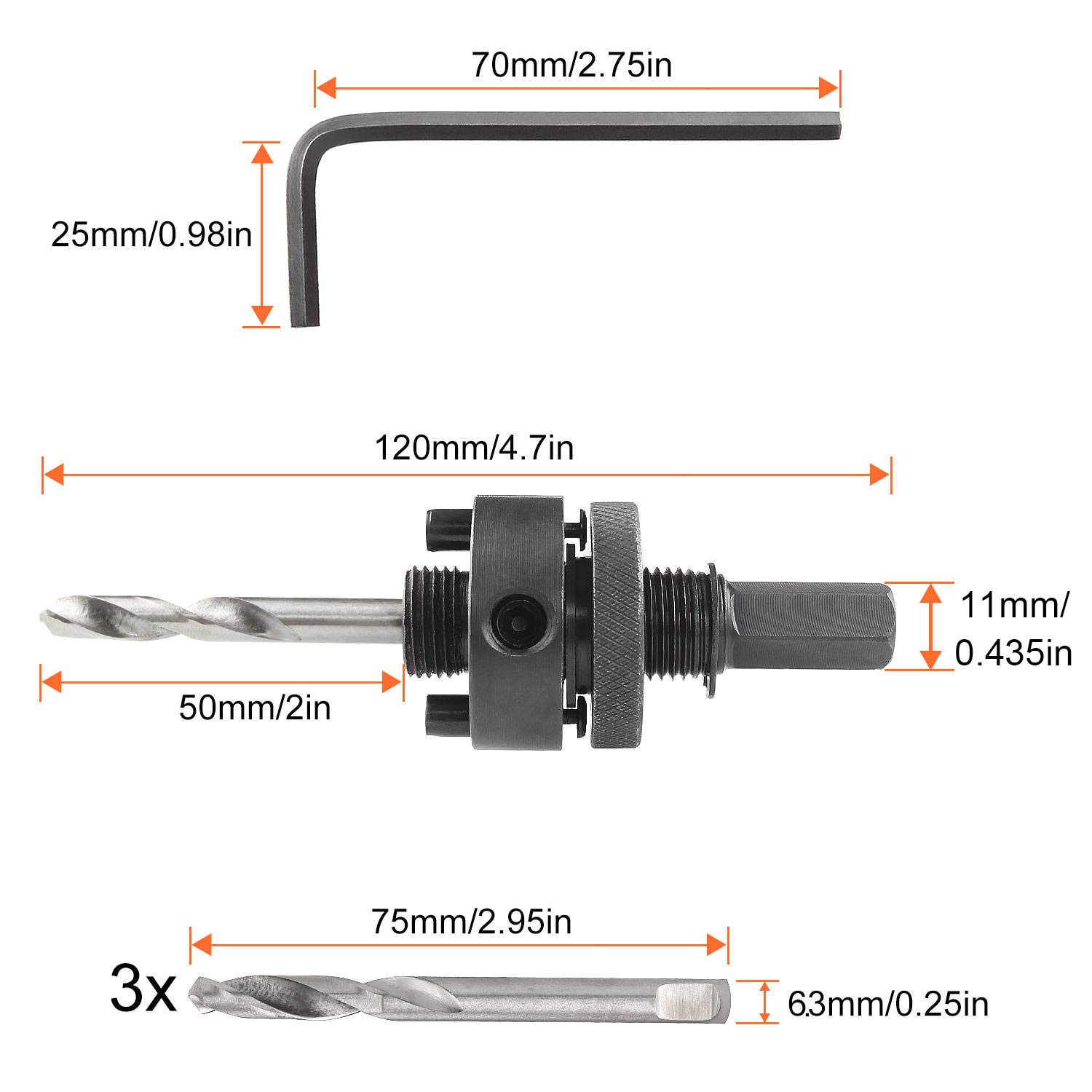 7/16” Hex Shank Hole Saw Arbor, Fits 1-1/4” to 6” Hole Saw Quick Change Heavy Duty Alloy-Steel Mandrel with 3 BONUS 1/4” Precision Drill Bits Replacement