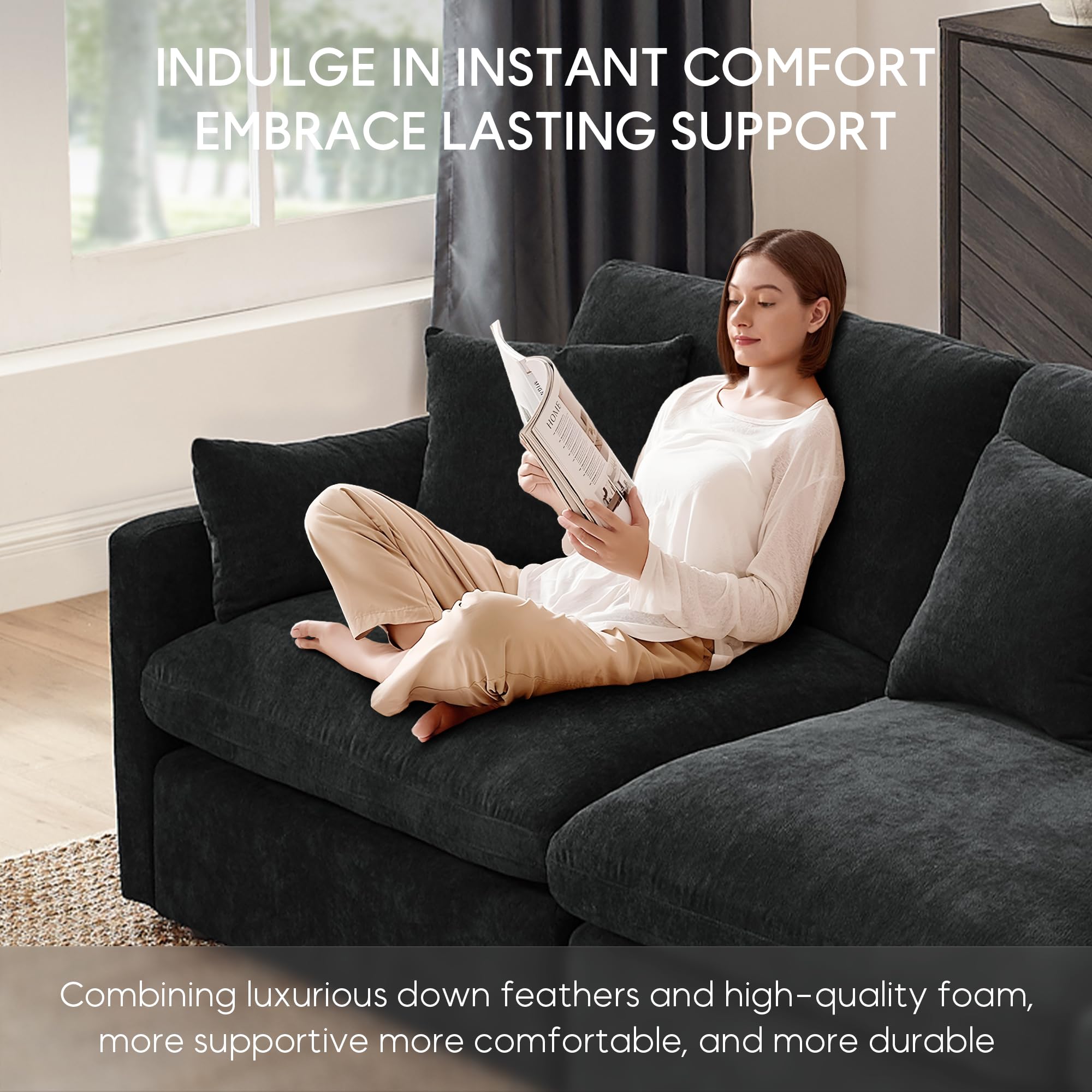 Yoglad Modern Oversized Modular Sectional Sofa Set with Down Feathers, L-Shaped Chenille Upholstered Couch with Ottoman and 10 Pillows for Living Room or Apartment (Black)