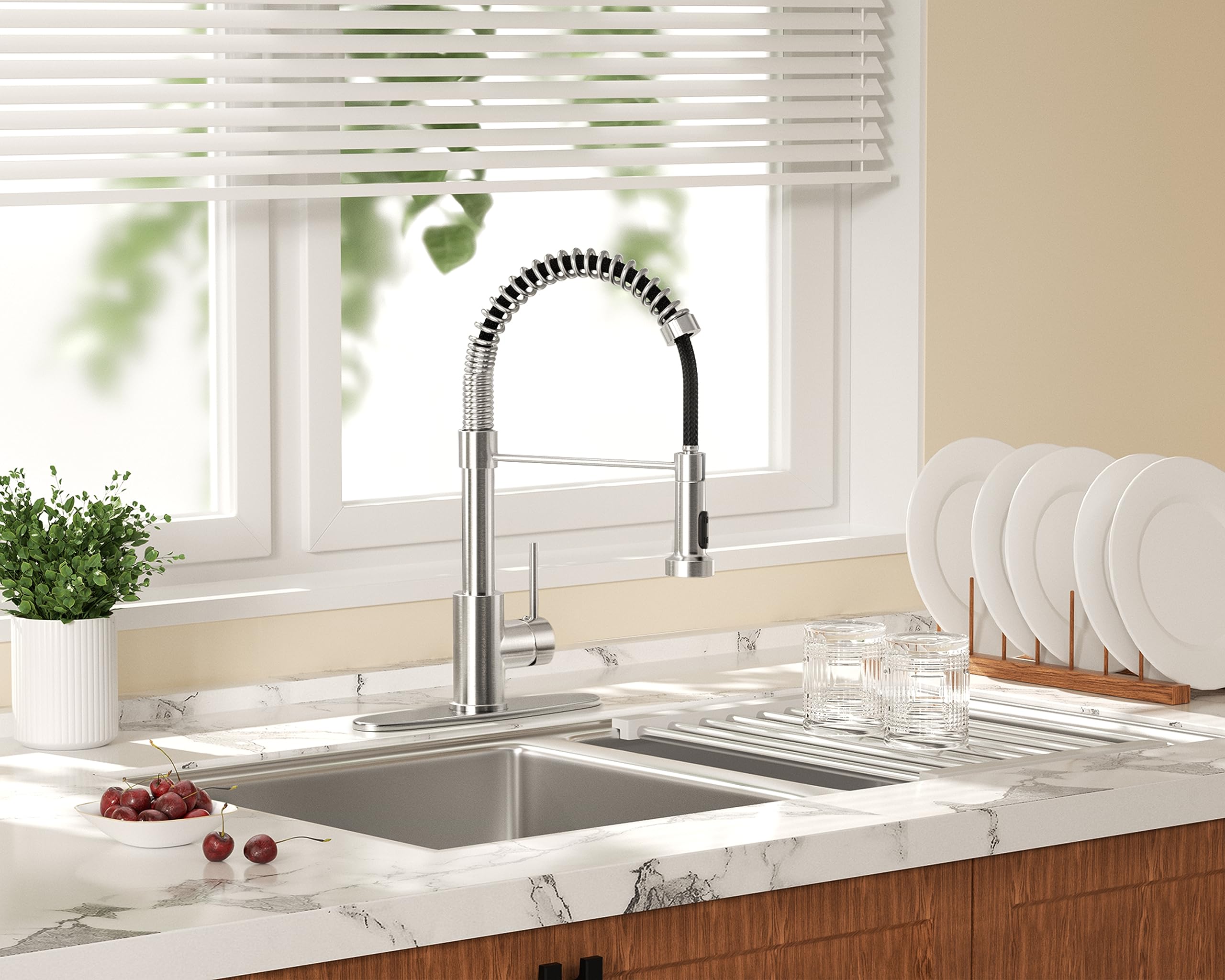 IBOFYY Brushed Nickel Kitchen Faucets Single Handle Commercial Kitchen Sink Faucet with Multifunctional Pull-Down Spout for Farmhouse RV Bar with 3 Hole Deck (Brushed Nickel)