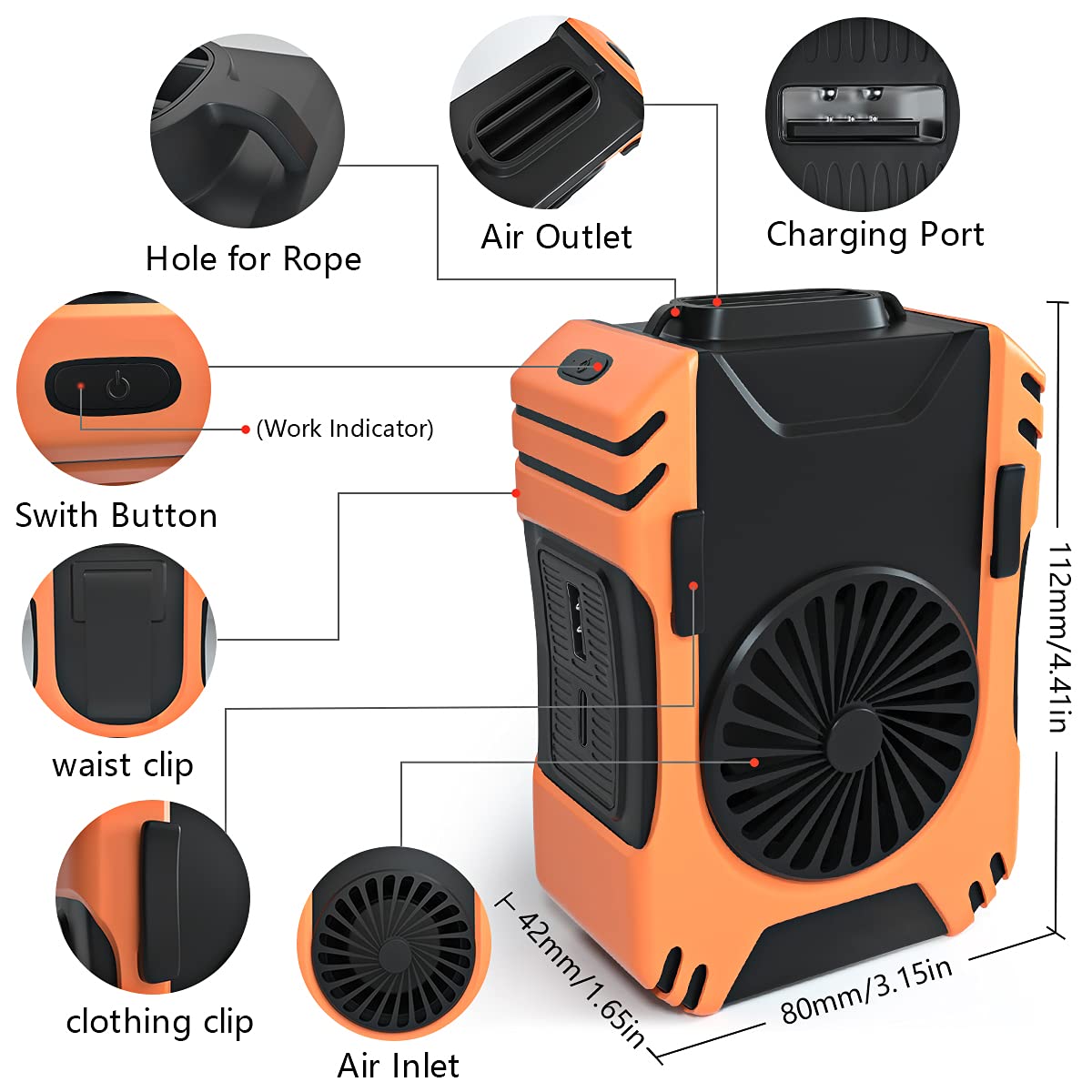 Cof 4-in-1 Waist Clip on Fan Portable Personal Fan, USB Mini Necklace Fan, 3 Speeds, 5000mAh Rechargeable Battery Operated Fan for Outdoor Camping with LED SOS Function