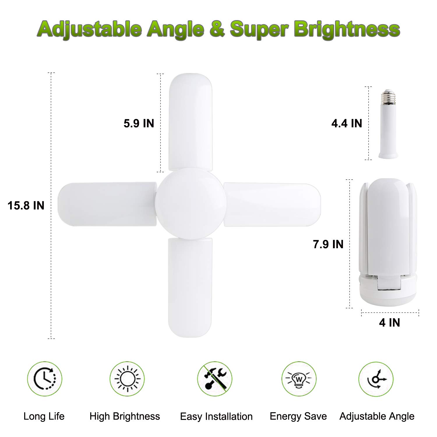 60W Deformable LED Garage Light with 4 Adjustable Light Panels & 1 Light Center, E26 Base with Extender 6000K Daylight White, 6000LM LED Shop Lights for Garage Warehouse Workshop Basement, 2Pack