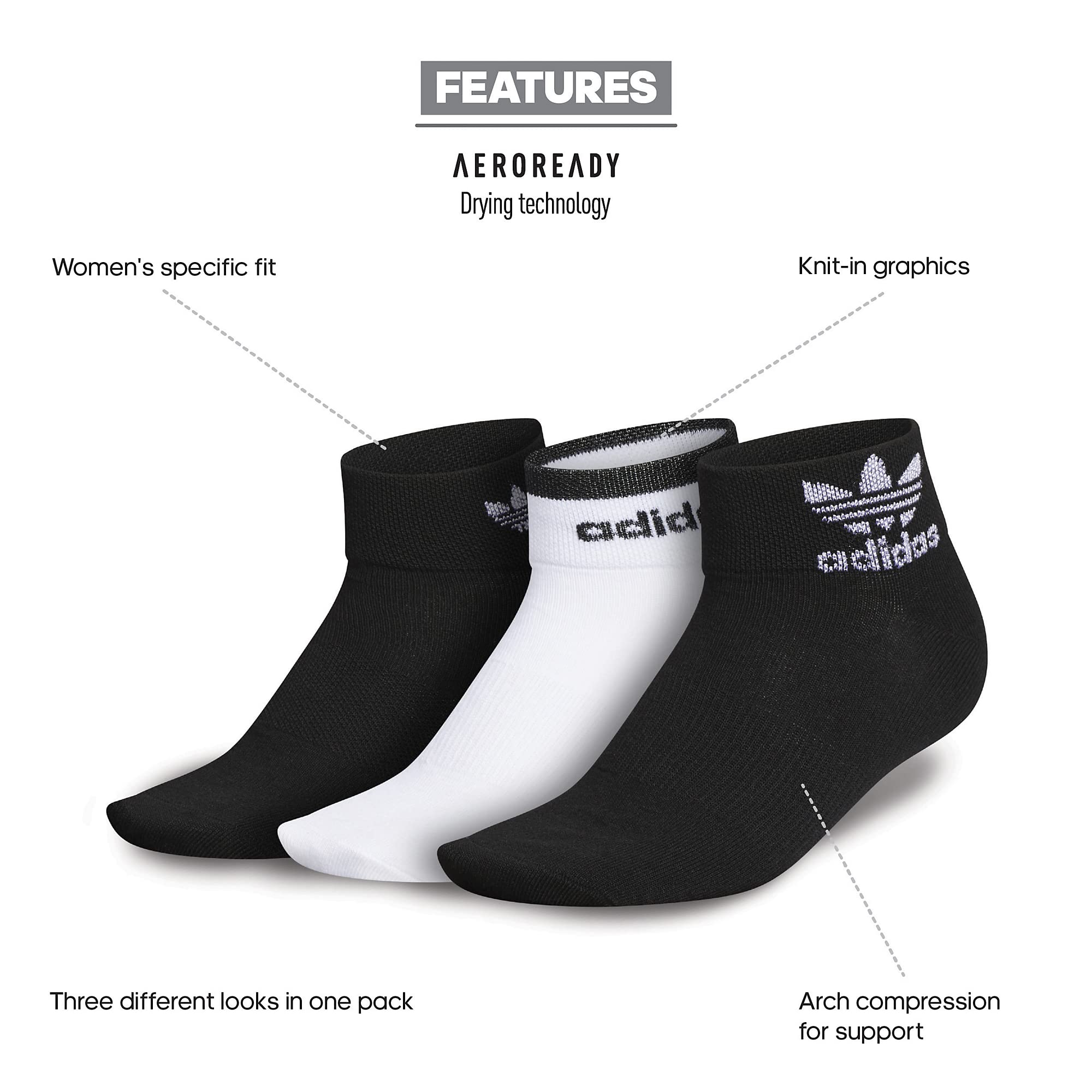 adidas Originals Women's Originals Trefoil Shine 3-Pack Low Cut, Black/White, Medium