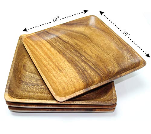 WRIGHTMART Wood Plates, Set of 4, Durable, Versatile, Rustic Authentic Design, Tableware for Dining, Each Plater is Hand Shaped, Inherently Unique, Displaying Natural Variations, Square 10" x 10"