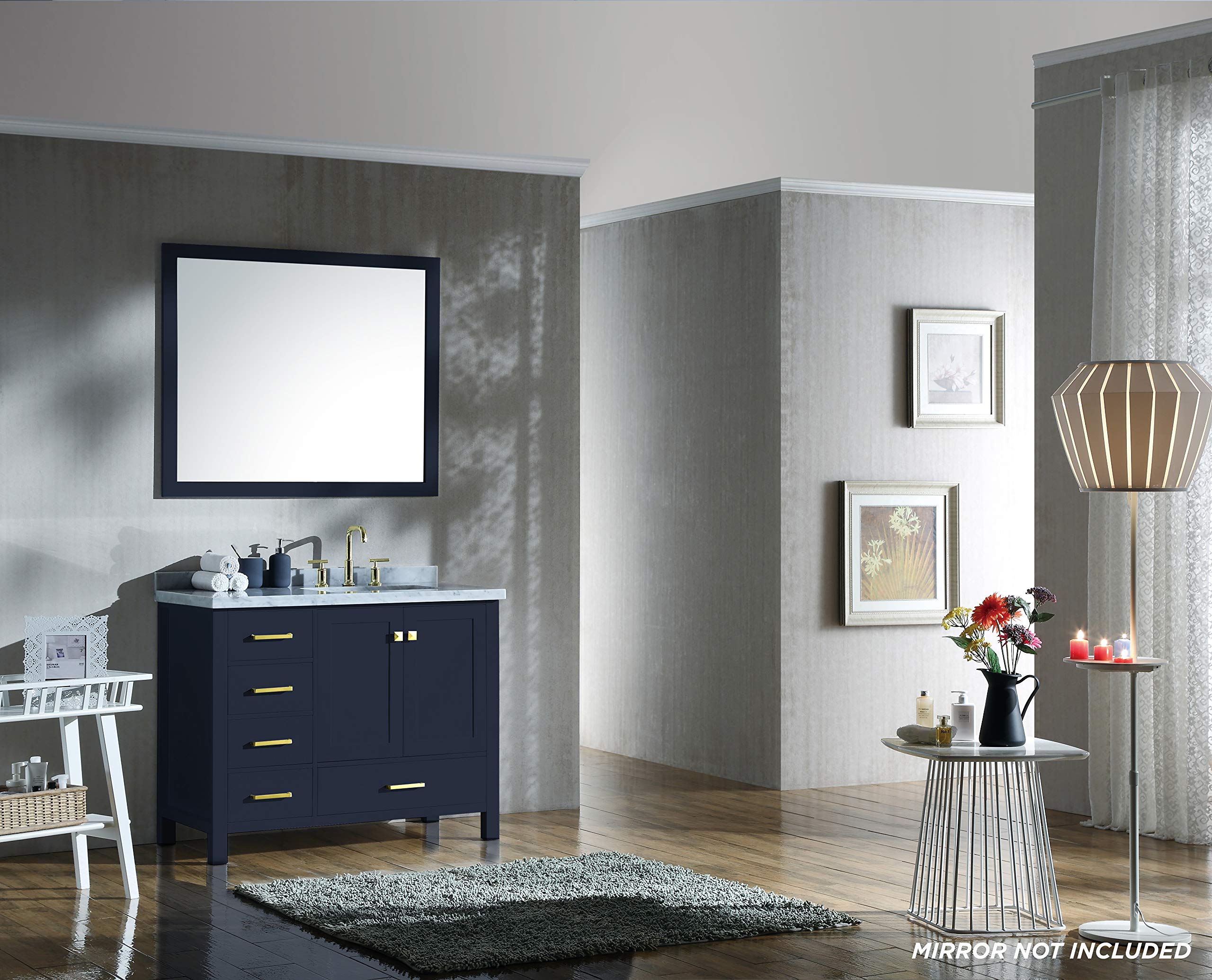 ARIEL Cambridge 43" Inch Single Right Offset Rectangular Sink Solid Wood Midnight Blue Bathroom Vanity Cabinet with 1.5" Inch Edge White Carrara Marble Countertop and Backsplash, No Mirror