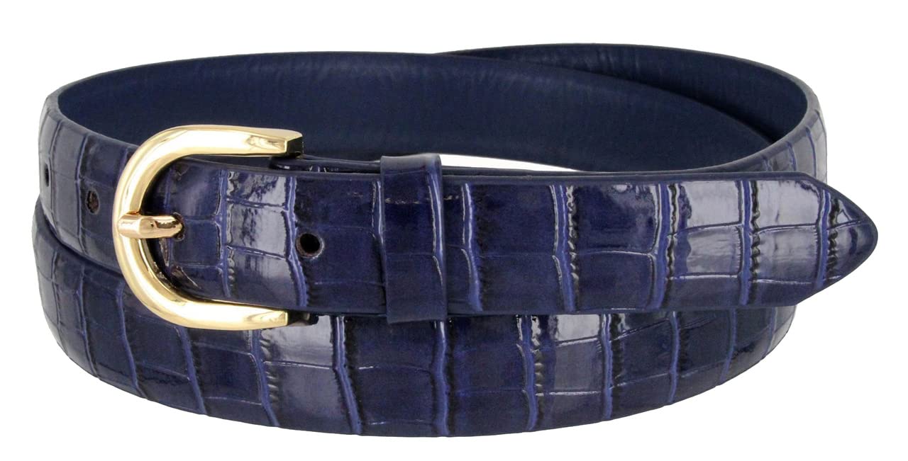 7035 Women's Skinny Belt Alligator Embossed Genuine Leather Belt 1" (25mm) Wide (Navy, 33''-35'' M)