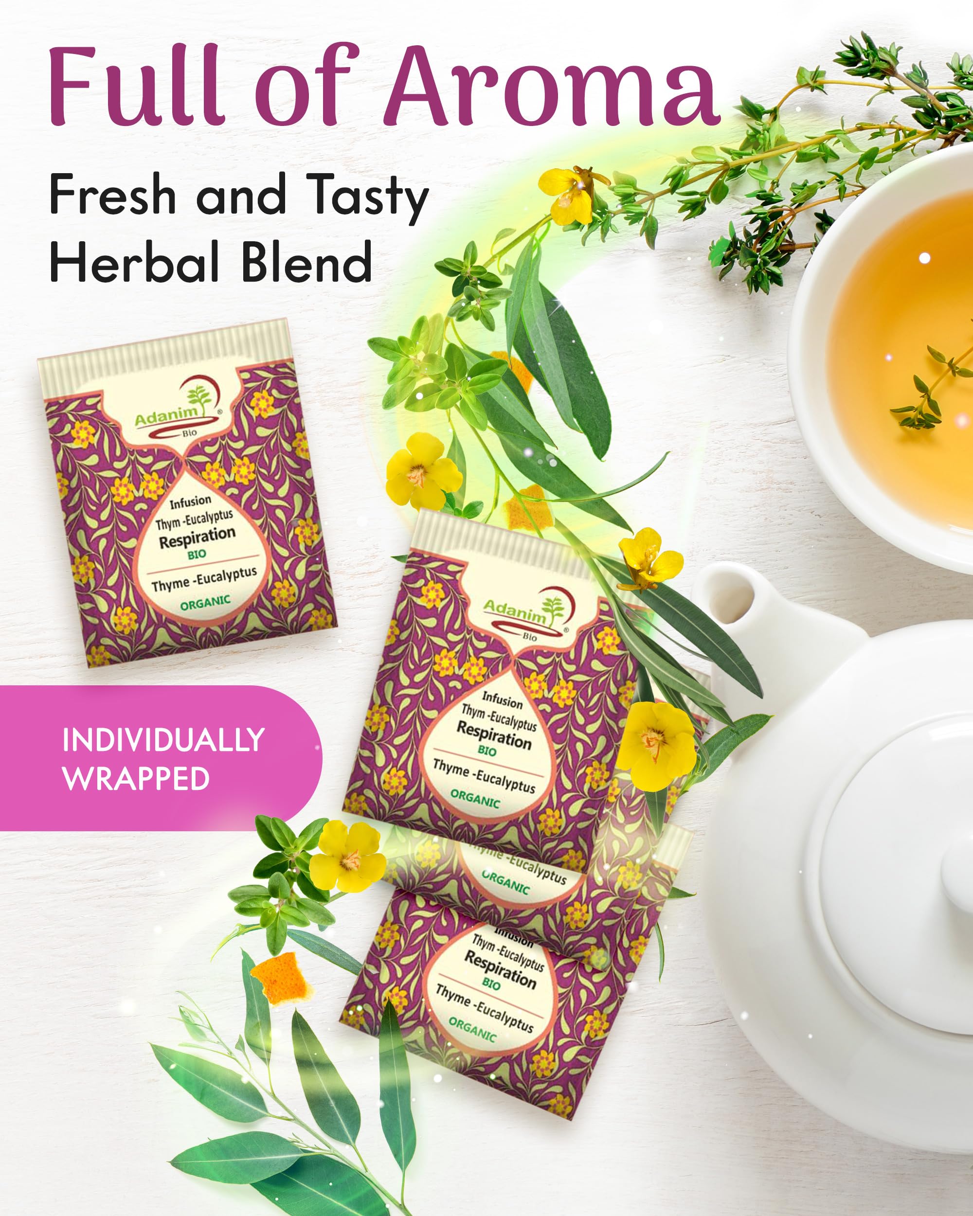 Adanim Bio Eucalyptus Thyme & Mullein Leaf Tea Bags - Organic Gourmet De-Congest Lung Health Respiratory Support Herbal Teas Blend (Pack of 4) Best Breathe Deep