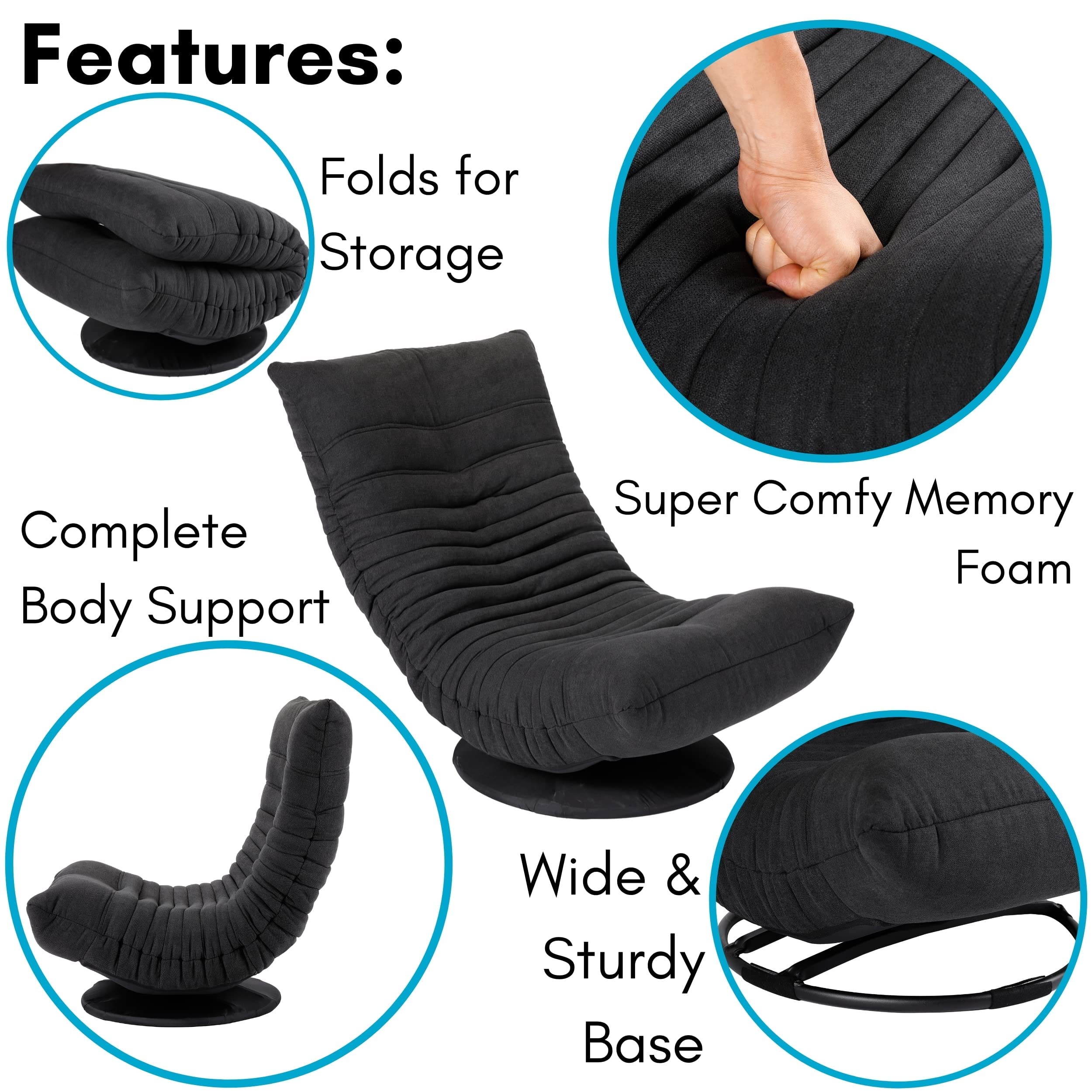 BIRDROCK HOME Swivel Floor Chair for Adults & Kids - 360-Degree Rotating Lounge Chair - 8" Thick Cushion Banana Chair Foldable & Comfy Back Support Seat for Gaming Reading Watching Relaxing - Charcoal