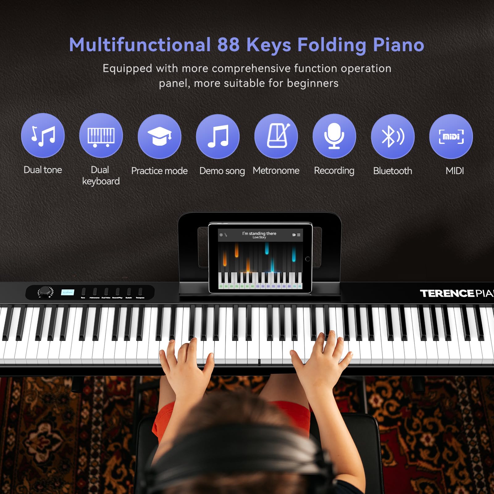 61-Key Foldable Digital Piano Keyboard, Full Size Semi-Weighted Keyboard & 1800mAh Battery Support USB/MIDI with Bluetooth Sheet Music Stand Sticker Bag Audio Cable Earphones Fit for Beginners Kids