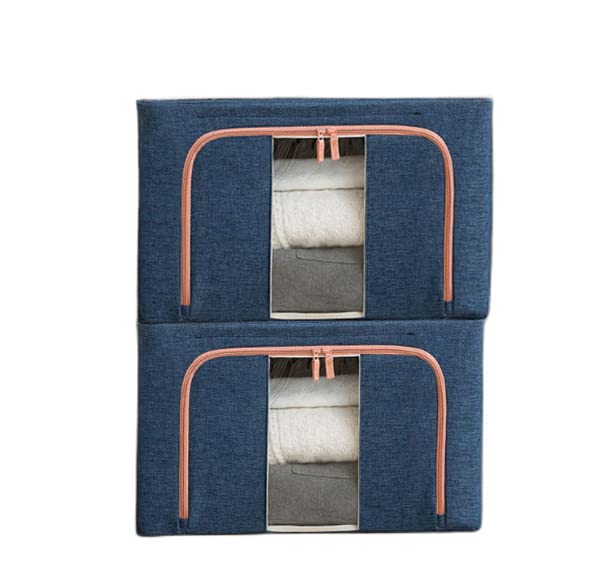 Clothes Storage Organizer with Metal Frame (Set of 2), Extra Large 66L | Foldable Storage Bin Boxes with Clear Window | Stackable, Moisture Proof, Dust Proof | Strong Carry Handles for Clothing, Bedding, Blanket, Closet | Clothes Storage (Blue)
