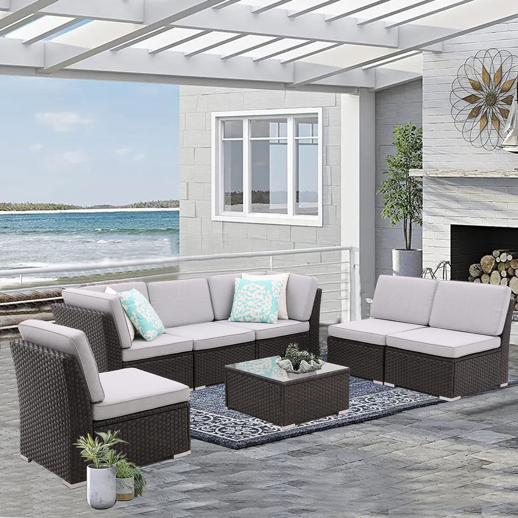 iArtHand Patio Sofa Set with Coffee Table Outdoor Sectional Sofa Set Patio Conversation Set Patio Furniture Sets All Weather Rattan Outdoor Sofa Set with Thickened Cushion