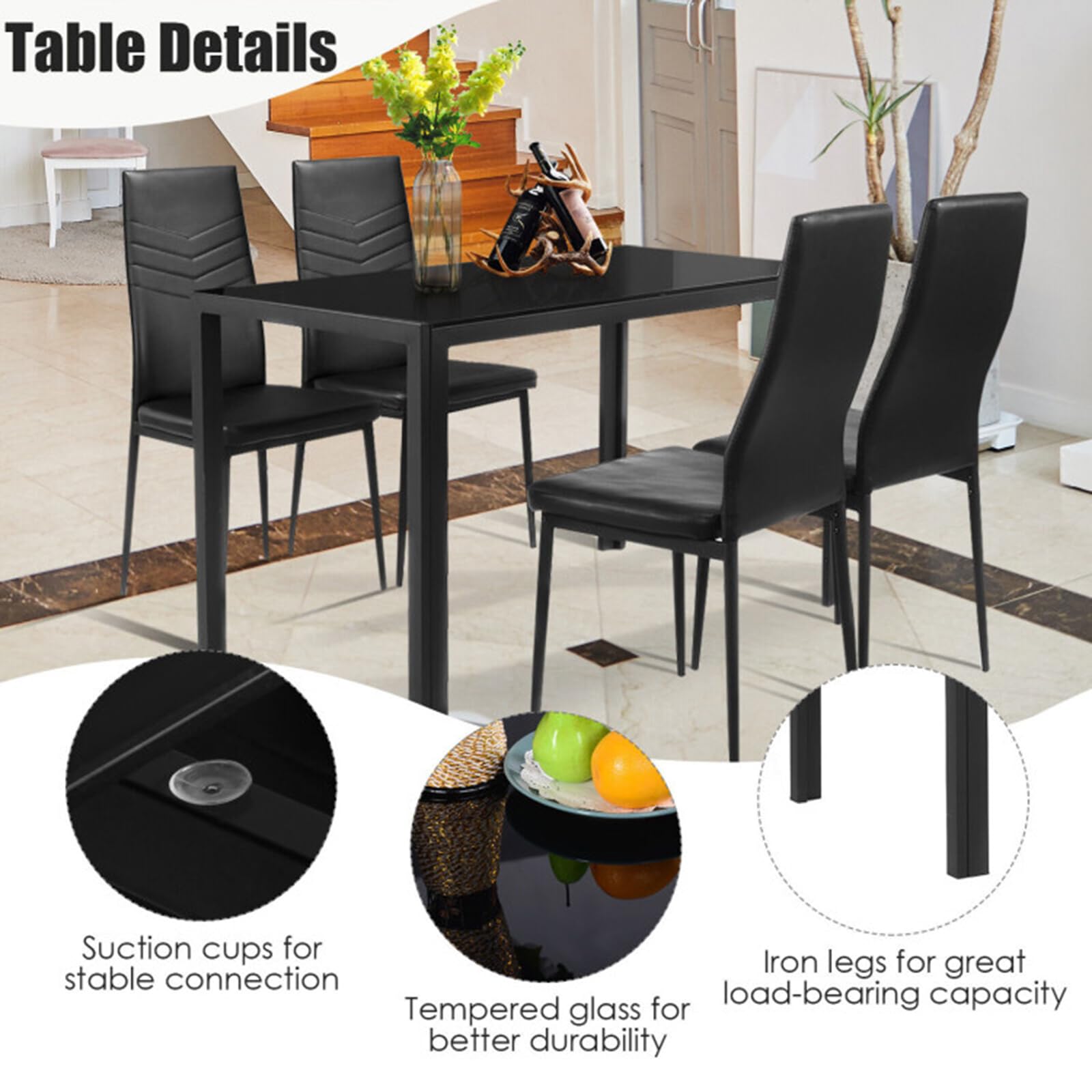 5 Piece Kitchen Dining Table Set for 4, Kitchen Dining Set Glass Metal Table and 4 Chairs Breakfast Furniture