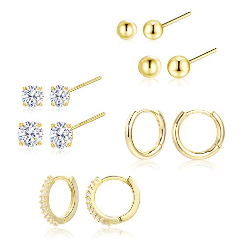 6 Pairs 14K Gold Plated Hoop Studs Earrings Set Hypoallergenic Small Huggie Hoop Earrings Cartilage Stud Earring Set for Women Sensitive Ears