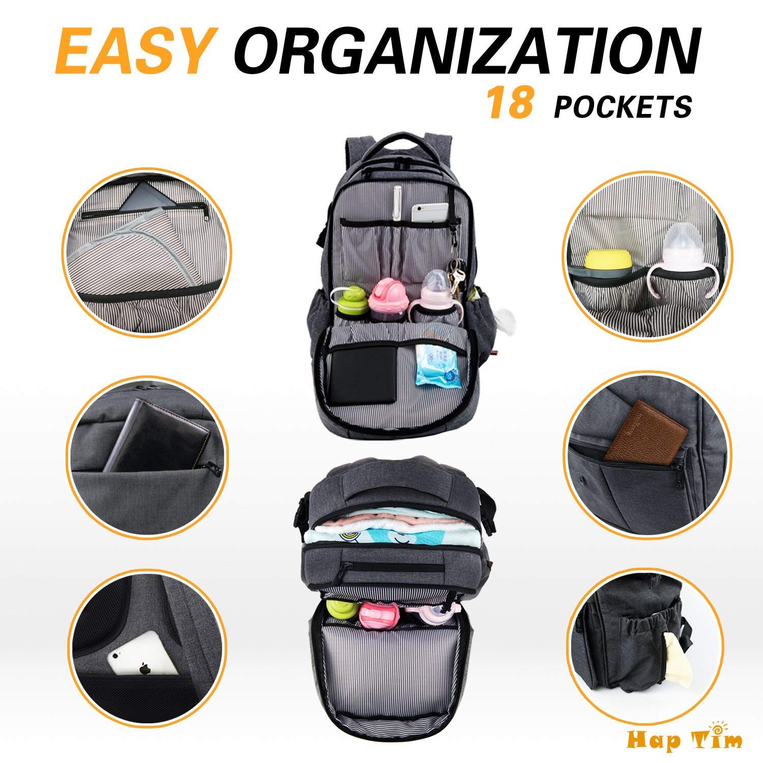 Hap Tim Multi-function Large Baby Diaper Bag Backpack with Stroller Straps, Insulated Bottle Pockets, Changing Pad (Dark Gray-5284)