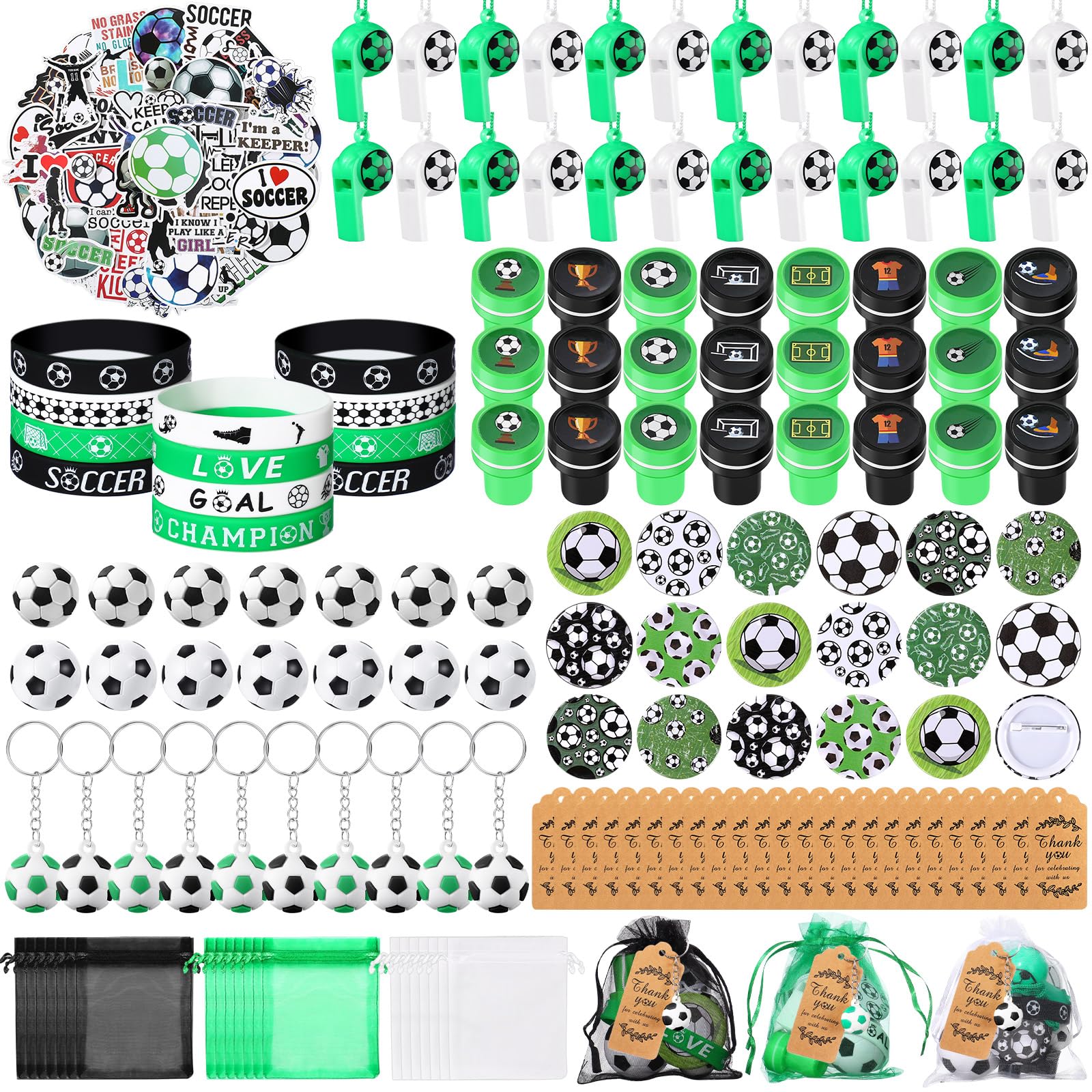 Aoriher 266 Pcs Soccer Party Favors Sports Party Supplies Gifts Set Stress Ball Stickers Whistle Keychain Bracelet Erasers Badges Organza Bags Thank You Tags