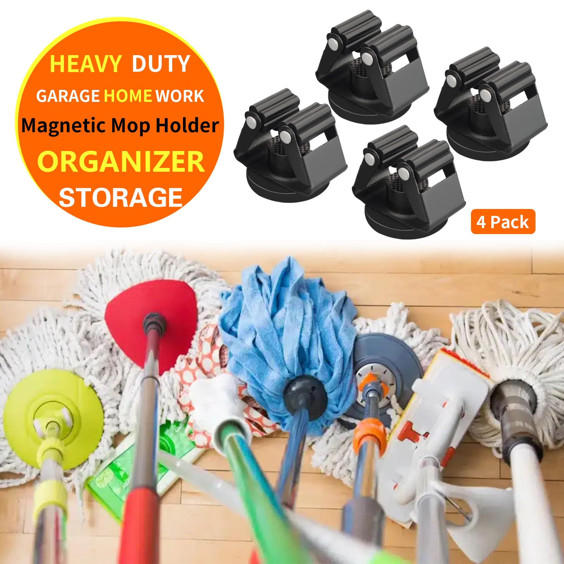 MUTUACTOR Magnetic Mop Broom Holder,4Pack Heavy Duty Magnetic Broom Holder for Cleaning Tools,D1.69β Strong Broom Mop Holder Wall Mount for Garage Kitchen Laundry Work Shop