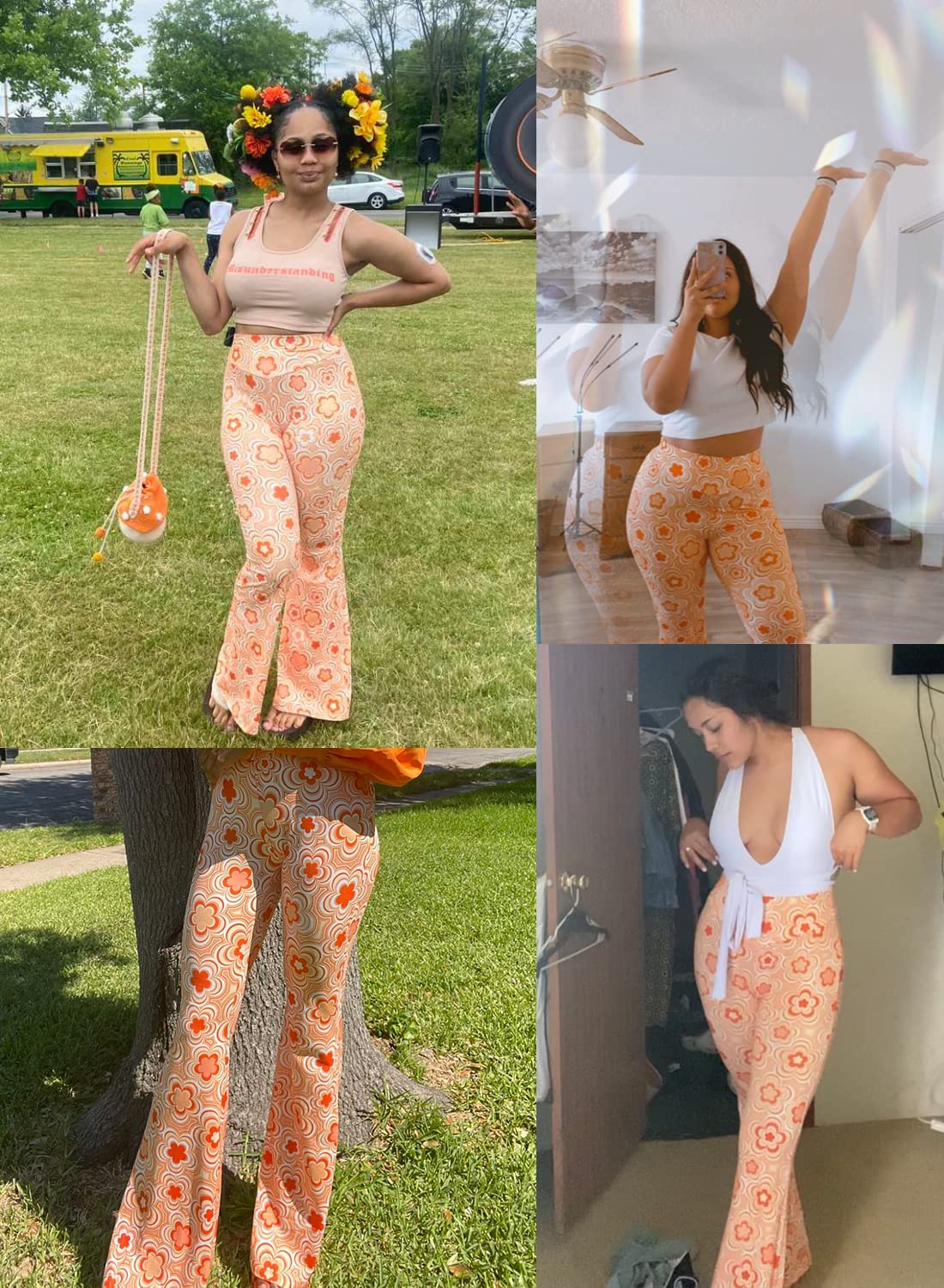 70s Flare Pants for Women - EDC Rave Festival Outfit High Waist Bell Bottom Boho Cute Groovy Disco Trousers(Orange, M, 1050e)