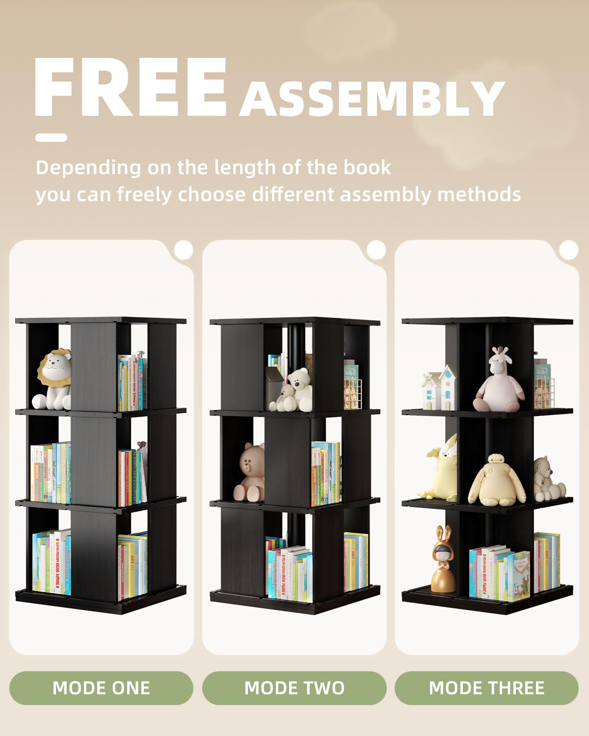 ATRURAL Rotating Bookshelf, 4-Shelf 360° Solid Wood Book Shelf Tower, Stackable Revolving Bookcase Organizer for Living Room, Bedroom, Study(White 4 Tier)