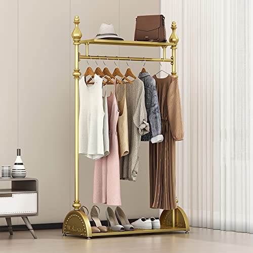 Clothing Rack Gold, Industrial Clothes Rack for hanging Clothes with Double Shelves Freestanding Multi-functional Heavy Duty Garment Rack, Metal Movable Coat Rack for Organizing Clothes Shoes