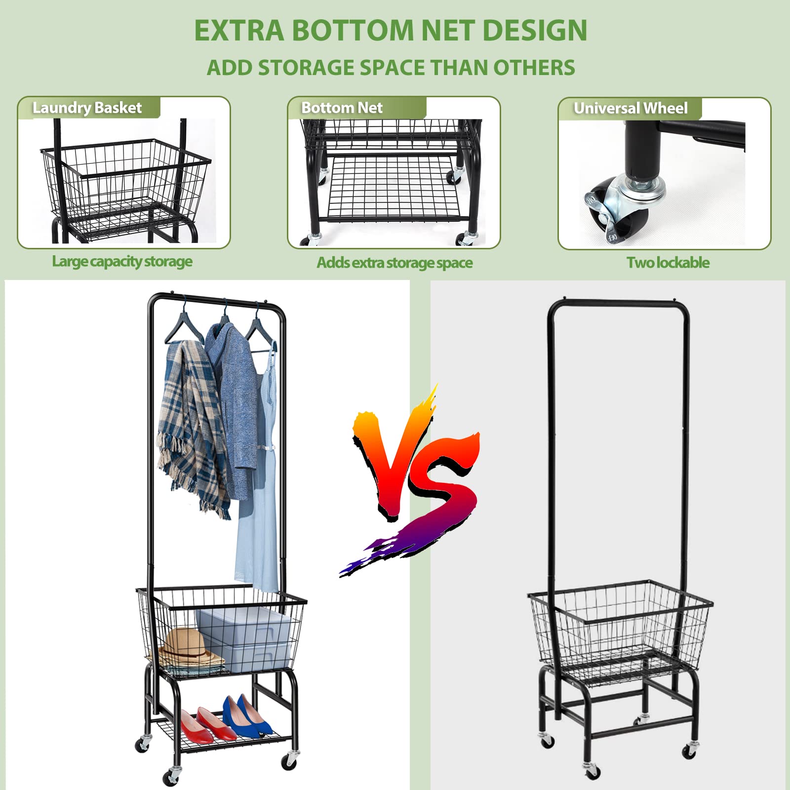 Mosxoed Laundry Cart with Wheels and Hanging Rack, Rolling Laundry Basket with Clothes Rack Laundry Butler with Wire Storage Rack Coat Rack for Laundry Bedroom Hallway, Black