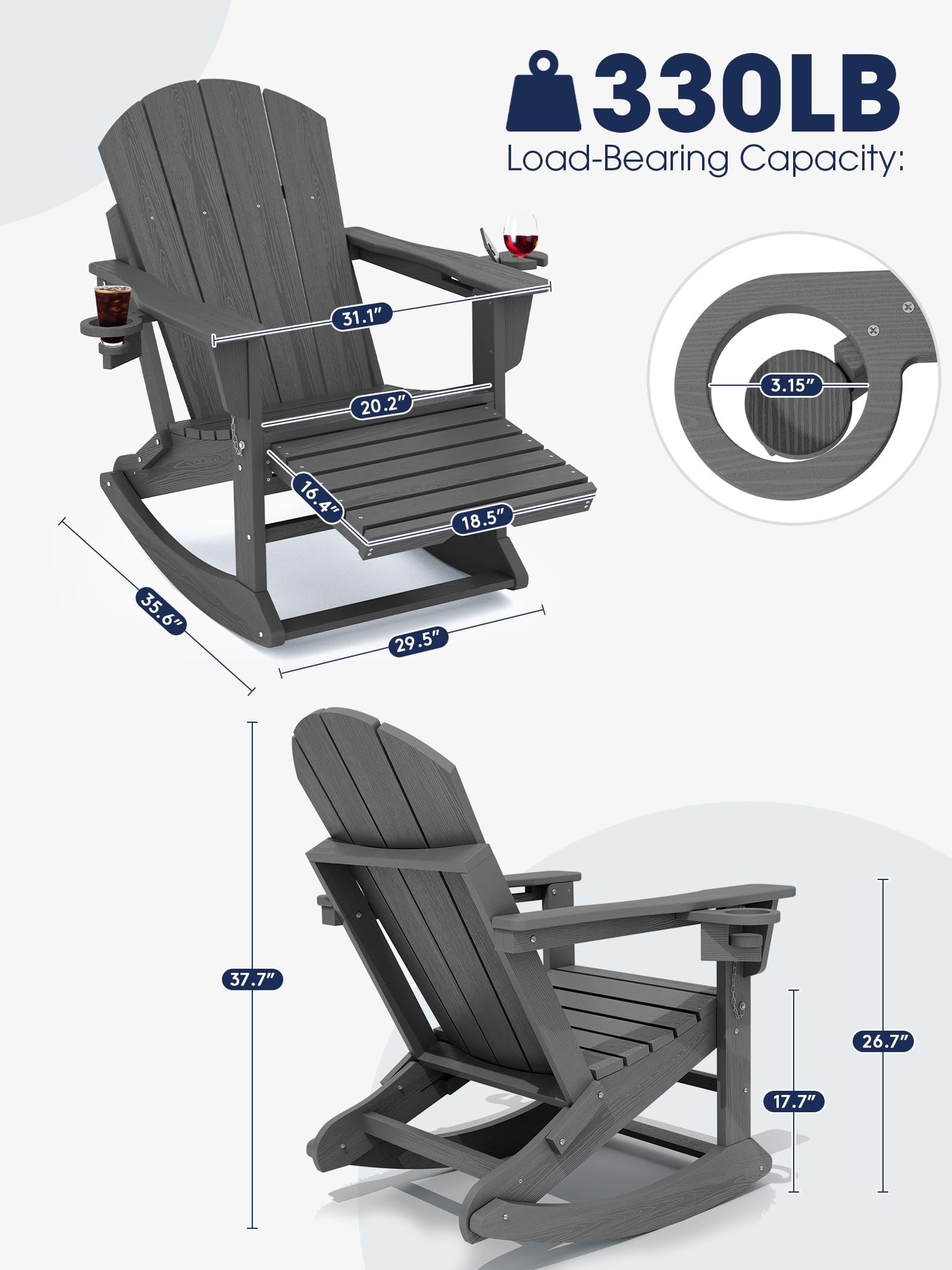 KINGYES Folding Adirondack Rocking Chair with Retractable Ottoman and Cup Holders, 4-in-1 Multifunctional HDPE Adirondack Chair for Porch, Patio, Balcony, Leaden Grey