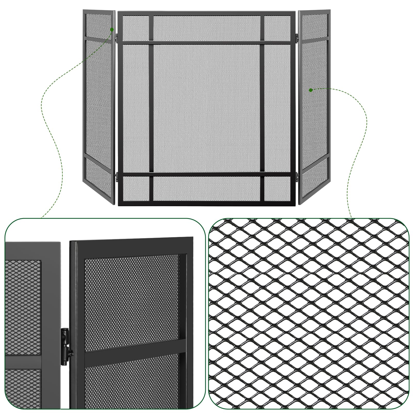 ATiyyo Fireplace Screen with Metal Mesh Foldable 3 Panel Fireplace Cover for Wood Burning Fireplace Wrought Iron Fire Spark Guard Indoor Outdoor (Black)