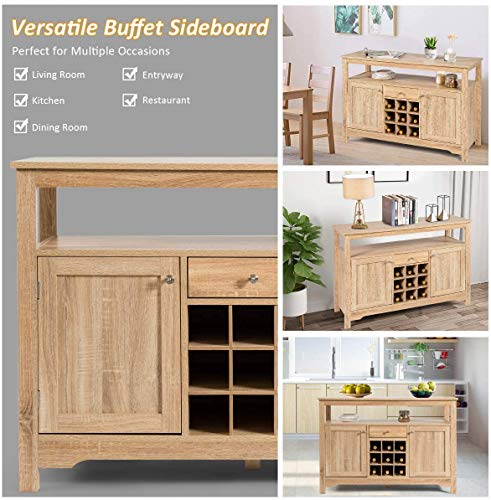 ReunionG Buffet Sideboard, Wine Console Table, Wooden Kitchen Organizer w/2 Cabinets, 1 Drawer and 9 Wine Cabinets, Farmhouse Storage Cupboard, Wine Rack, Server Table, Dining Room Furniture (Natural)