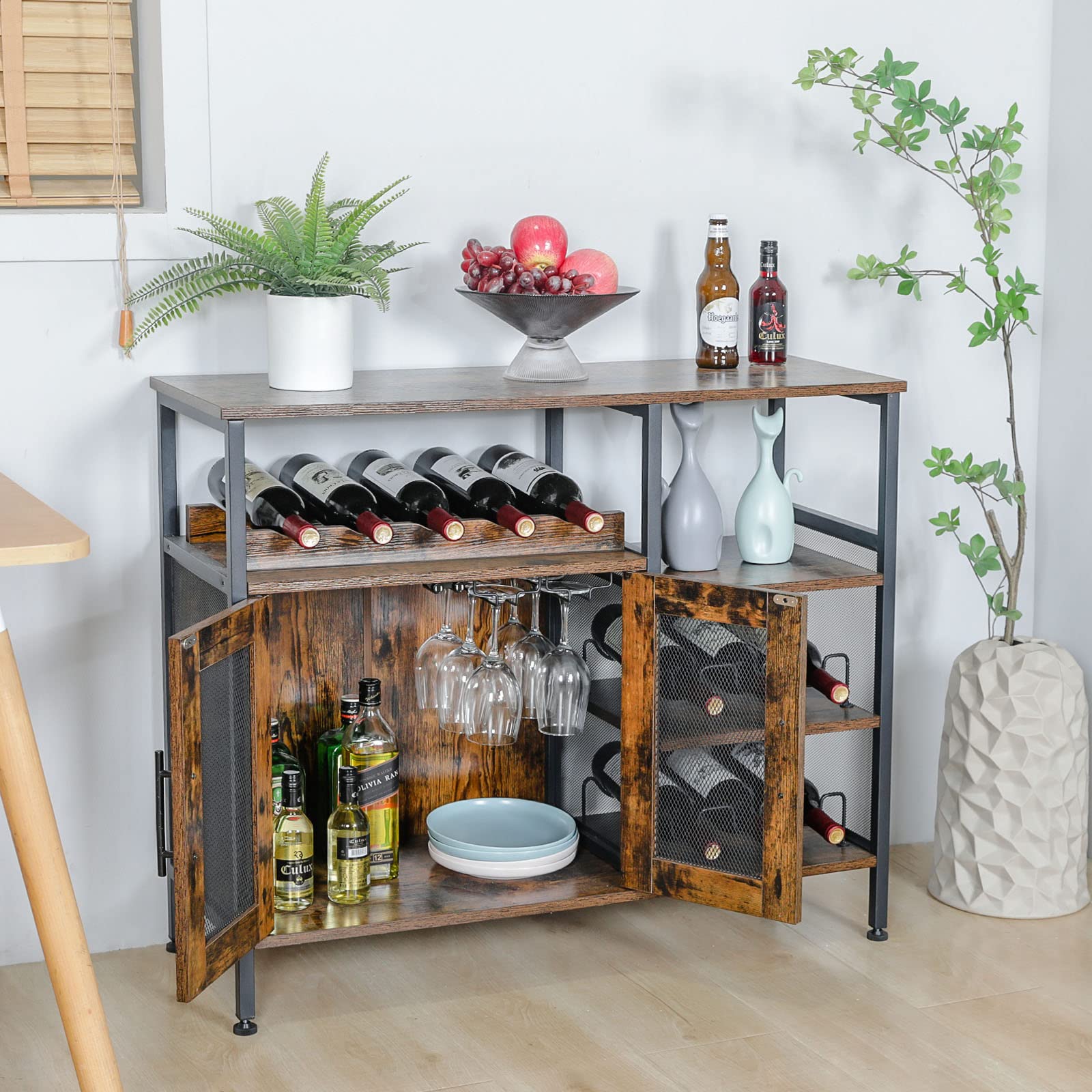 X-cosrack Wine Bar Rack Cabinet with Detachable Wine Rack, Coffee Bar Cabinet with Glass Holder, Small Sideboard and Buffet Cabinet with Mesh Door, Rustic Brown, Large