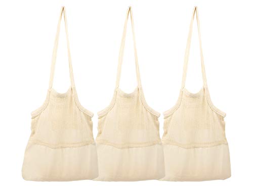 Reusable Mesh Grocery Shopping Bags - Organic Cotton Mesh Tote Bags - Net Farmers Market Bags with Reinforced Bottom - Mesh Mushroom Foraging Tote Bags - Portable Cotton French Market Tote (3 Bags)