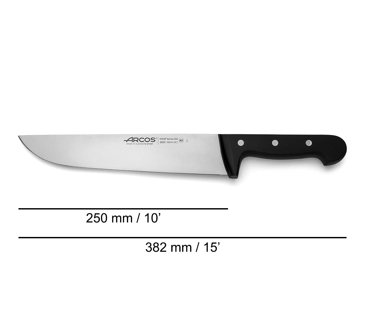 Arcos Butcher Knife 10 Inch Nitrum Stainless Steel and 250 mm blade. 353 gr. Professional Cleaver Knife. Ergonomic Polyoxymethylene POM Handle. Series Universal. Color Black