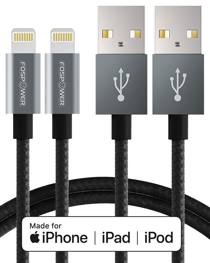 FosPower [2 Pack - 3FT] Apple MFi Certified 8-pin Lightning to USB Cable [Nylon Braided|Full Speed Charging] Durable Built for iPhone XR, XS, XS MAX, X (Ten/10), iPad Pro Air 2 mini 3 (Gray)