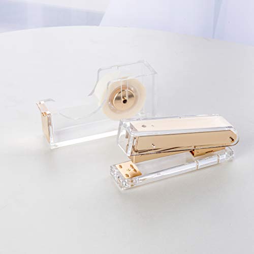 SIRMEDAL Elegant Ultra Clear Acrylic Office Supplies Acrylic Stapler Matte Gold Desktop Stapler with 1000pcs Staples for Office Accessories(Gold)