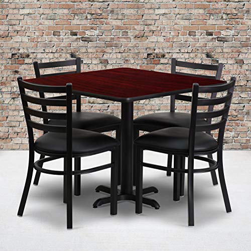 Flash Furniture 36'' Square Mahogany Laminate Table Set with X-Base and 4 Ladder Back Metal Chairs - Black Vinyl Seat