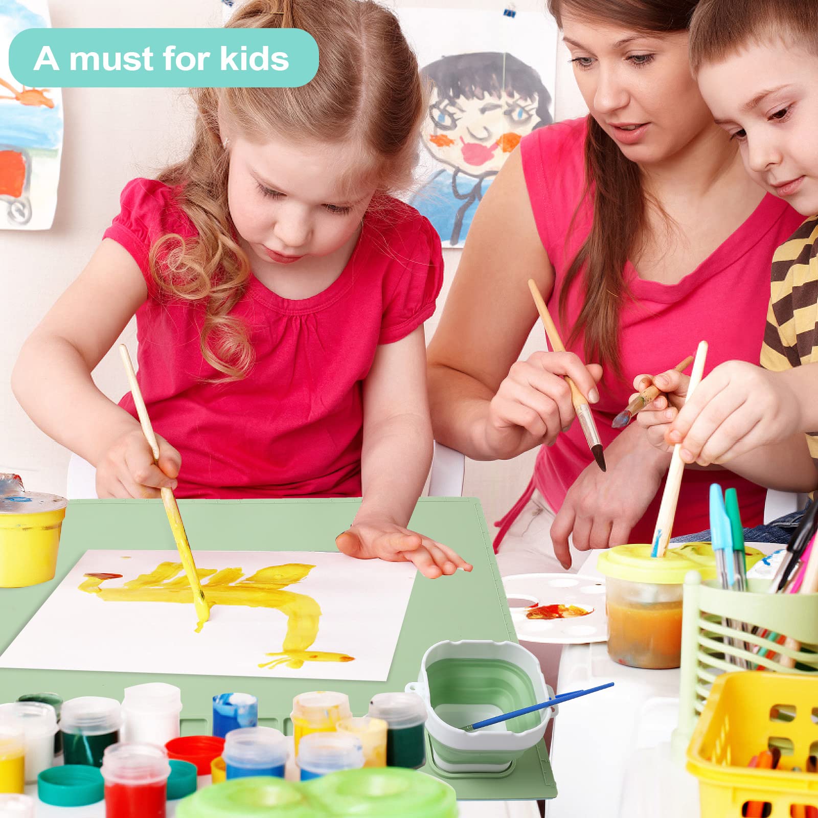 AWOKE Silicone Painting Mat - 20"X16" Silicone Art Mat with 1 Water Cup for Kids - Silcone Craft Mat has12 Color Dividers - 2 Paint Dividers (Green)
