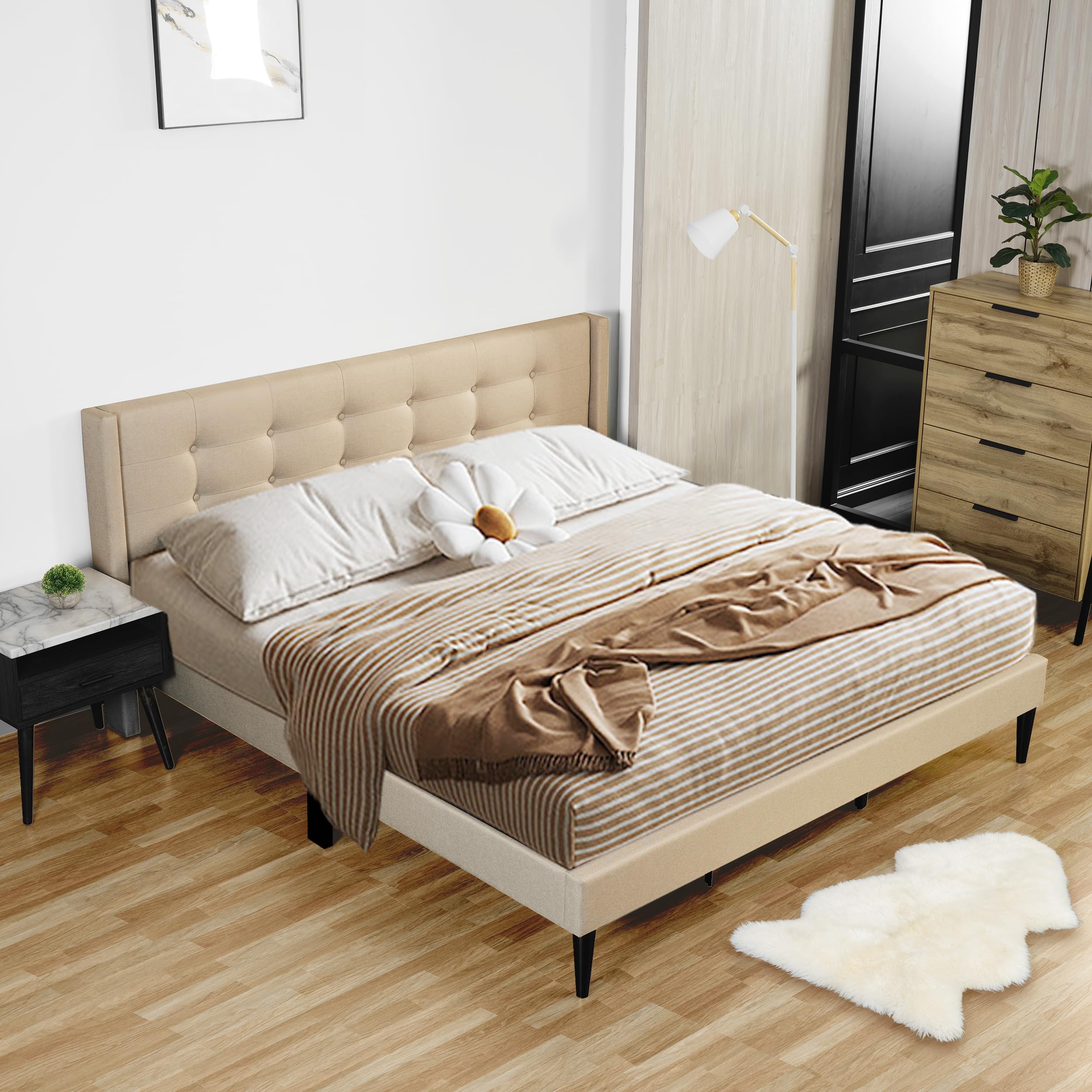PrimeZone Queen Size Bed Frame - Modern Platform Bed Frame with Wingback Tufted Headboard, Linen Fabric Upholstered Bedroom Bedframe with FSC-Certified Poplar Wood Slats, No Box Spring Needed, Grey
