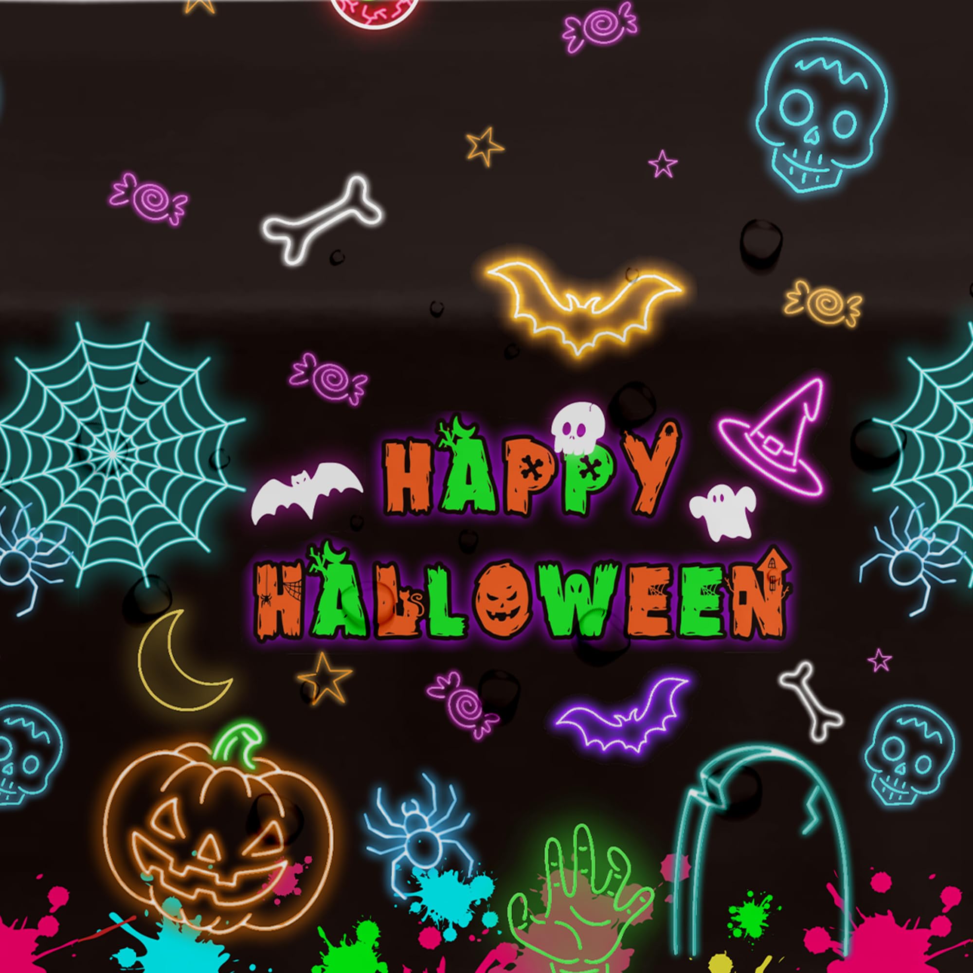 Aribra Neon Halloween Decorations Tablecloths, Glow Happy Halloween Party Supplies Table Covers, Disposable Neon Spooky Halloween Birthday Party Decorations Table Cloth, 3 Pack (108 x 54 Inch)