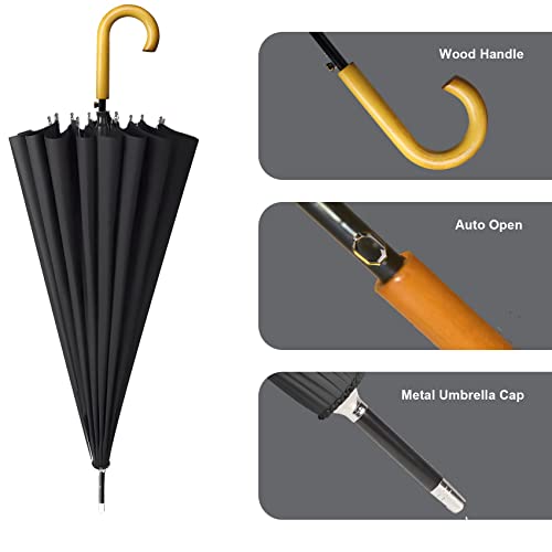 MRTLLOA 52 Inch Windproof Large Umbrellas for Rain, 16 Ribs, J Wooden Handle, 210T High-density Fabric Golf Stick Umbrella(52 Inch, Black)
