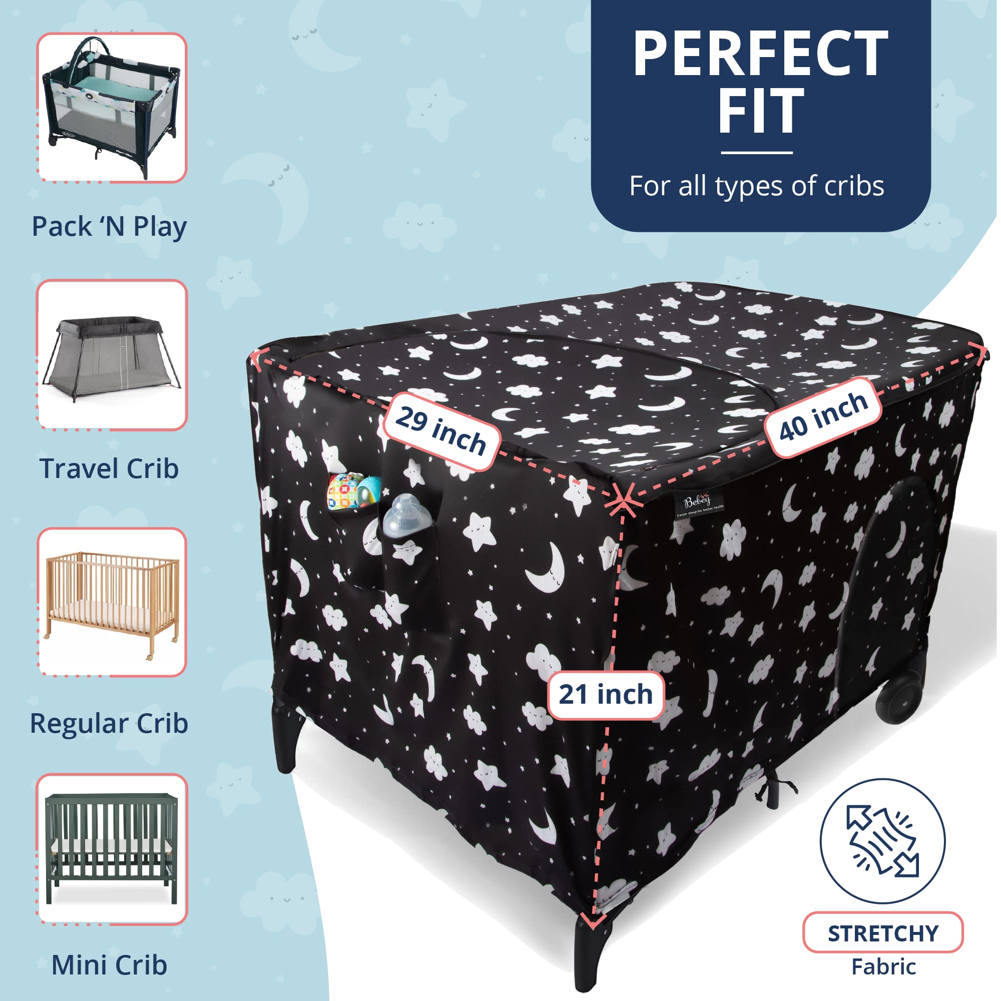 Bebey Pack n Play Blackout Cover - Blocks 97% of Light, Breathable and Stretchy Fabric with 1 Side Pocket, 3 Quick-Access Windows with Zippers - Blocks Light, Easy to Install, Portable, and Anti-climb