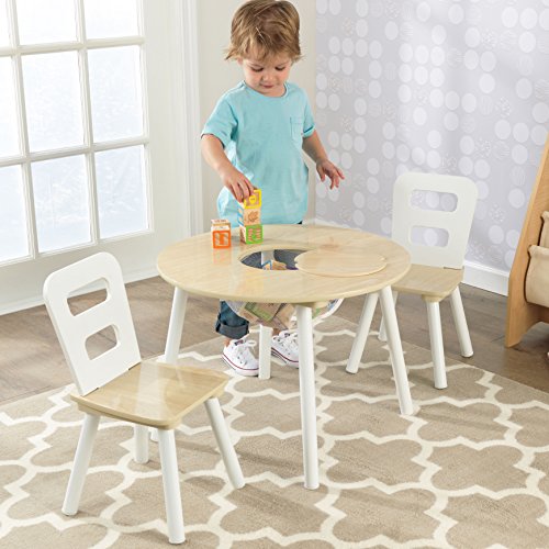 KidKraft Wooden Round Table & 2 Chair Set with Center Mesh Storage - Natural & White, Gift for Ages 3-6 23.5 x 23.5 x 17.3
