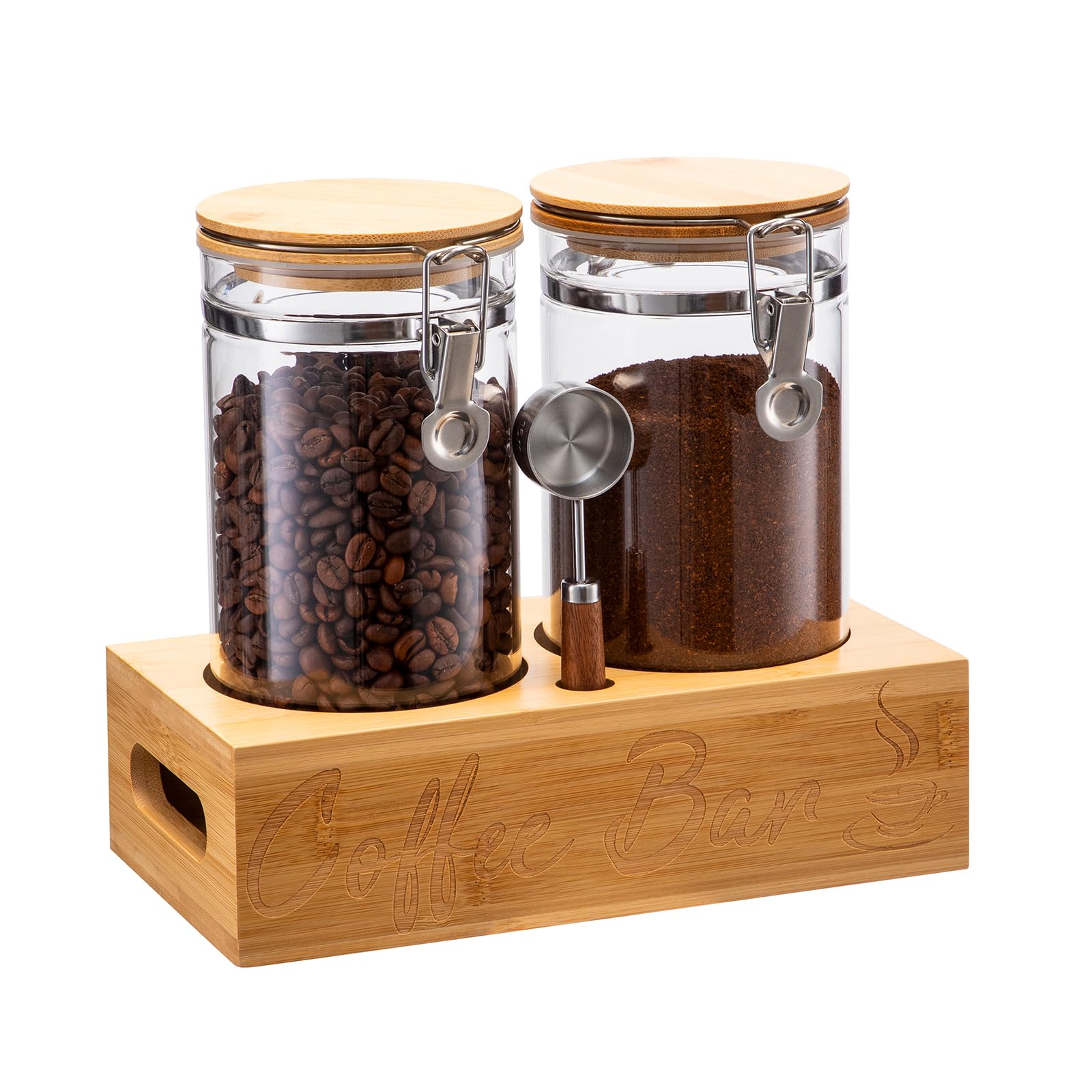 Spreccio Coffee Canister Set with Shelf, 2 x 50oz Coffee Bean Canister Storage Station for Ground Beans, Sugar and Coffee Jar with Scoop, Countertop Coffee Storage for Coffee Bar or Kitchen