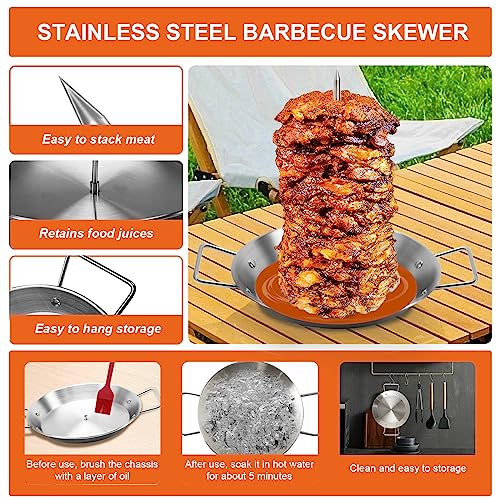 Al Pastor Skewer for Grill, Stainless Steel Vertical Skewer, Brazilian Vertical Spit Stand with 3 Removable Spikes(8β/10"/12β)& Brushes, for Tacos Al Pastor, Shawarma Kebabs Smoker Oven BBQ Dishes