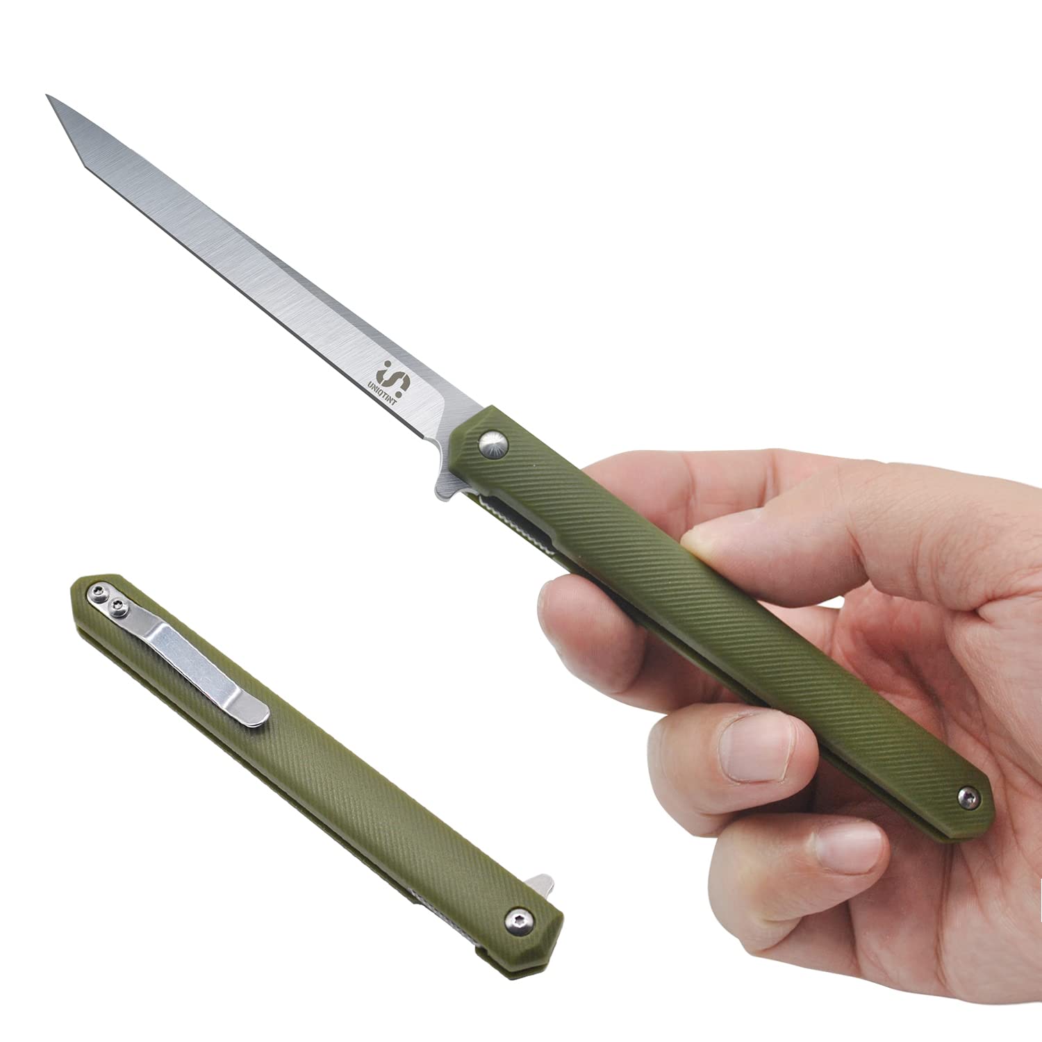 UNIQTINT EDC Pocket Flipper Knife, 1.4oz 5CR13 Steel 3.5â Blade Slim Folding Knife, Army Green PA6 Nylon Fiberglass Handle with Liner Lock Pocket Clip (FK001B)