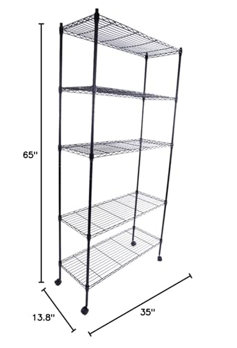 5 Tier Wire Shelving Unit on Wheels, Adjustable Storage Racks and Shelving, Heavy Duty Rolling Metal Shelves, for Laundry Bathroom Kitchen Garage Pantry Organization, Black