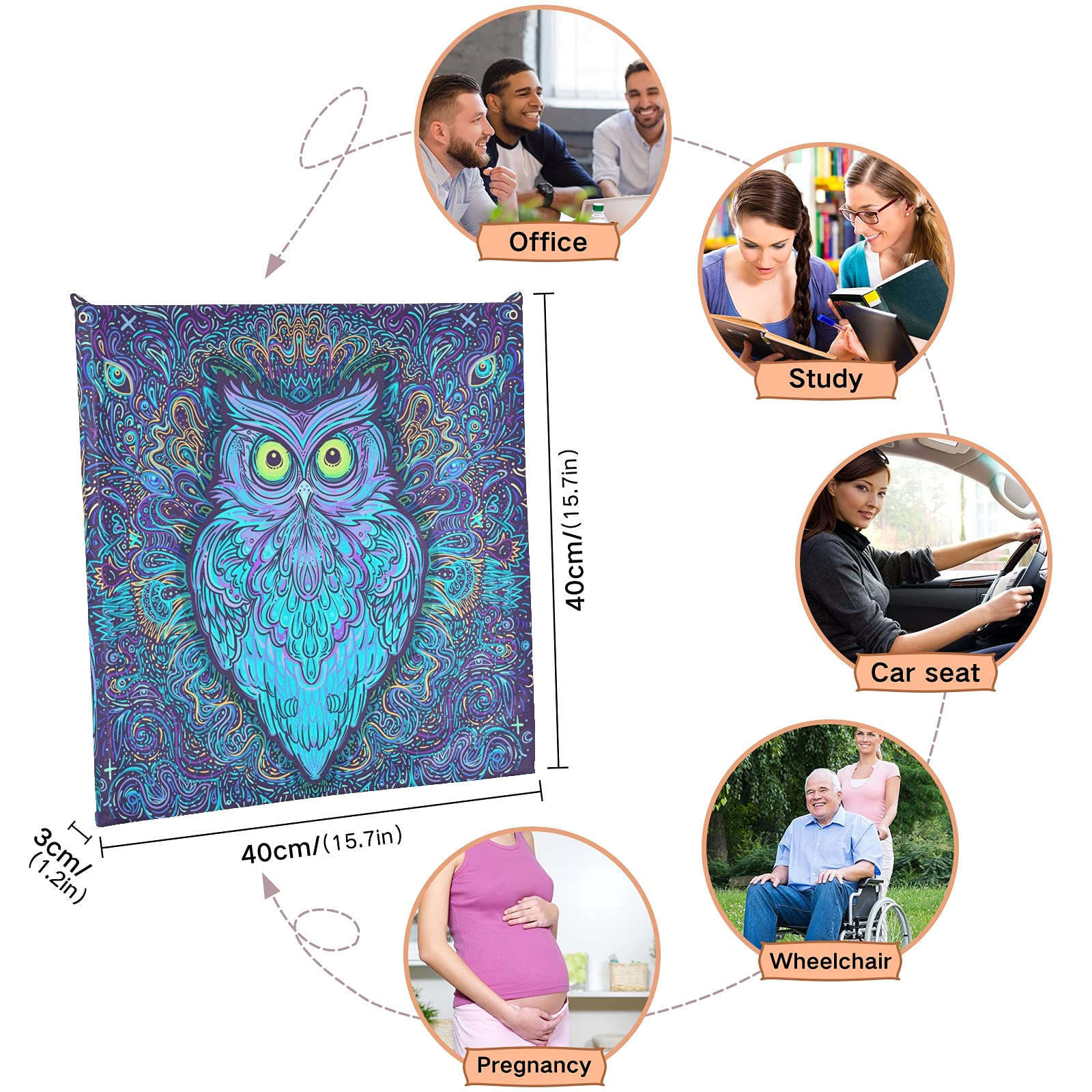 ALAZA Cute Abstract Owl and Psychedelic Ornate Pattern Chair Pad Seat Cushion for Office Car Outdoor Indoor Kitchen, Soft Memory Foam, Back Pain, Coccyx & Sciatica Relief, 15.7x15.7 in