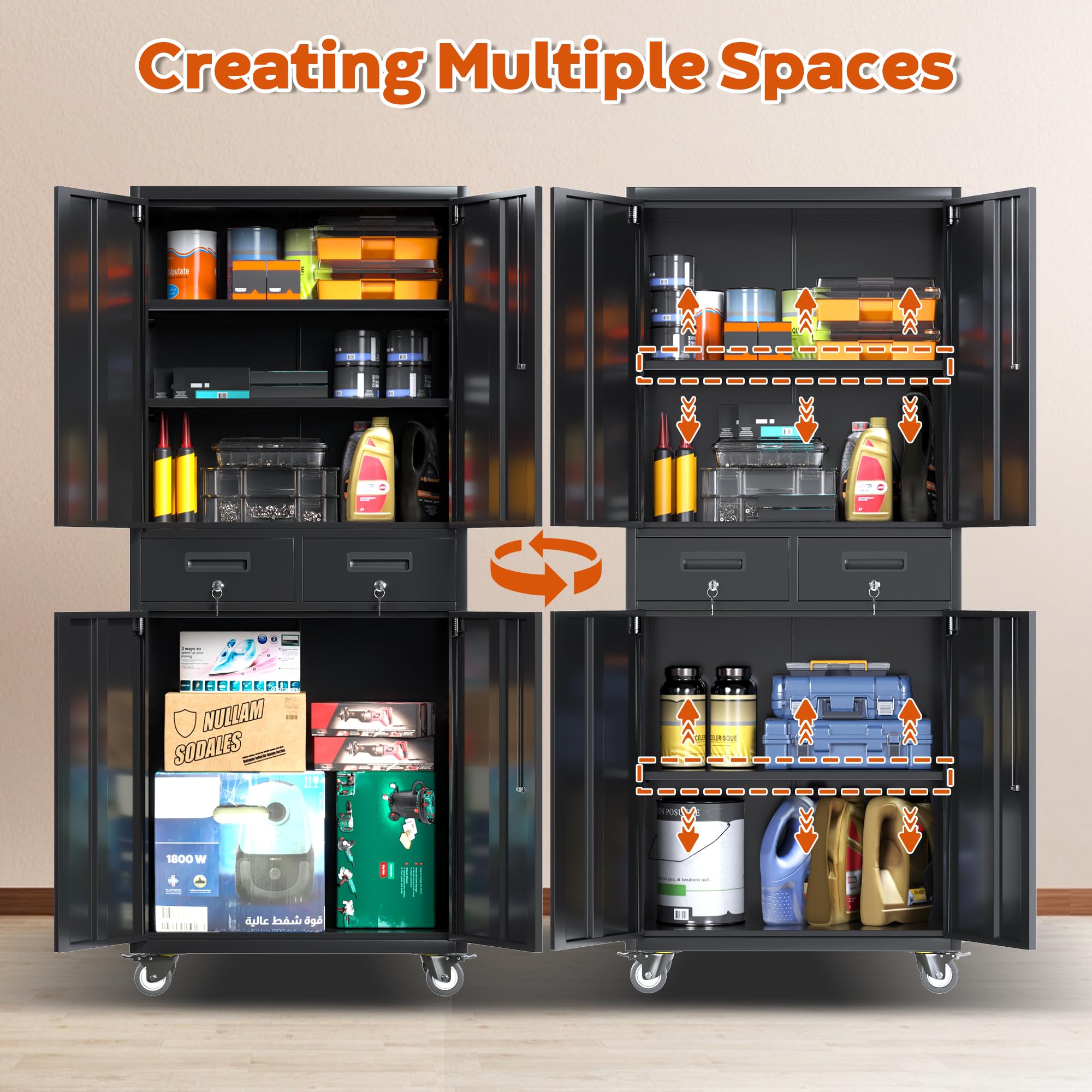 Aobabo Garage Storage Cabinet with Wheels, Metal Tool Storage Cabinet with 2 Drawer for Garage, Homes Storage,Assembly Required