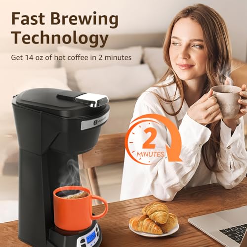 Aigostar Single Serve Coffee Maker for K Cup and Ground Coffee, 24H Timer, 6 to 14 Oz Brew Sizes, Single Cup Coffee Maker with Self-Cleaning, Fits Travel Mug, Fast Brewing Capsule Coffee Machine,Black