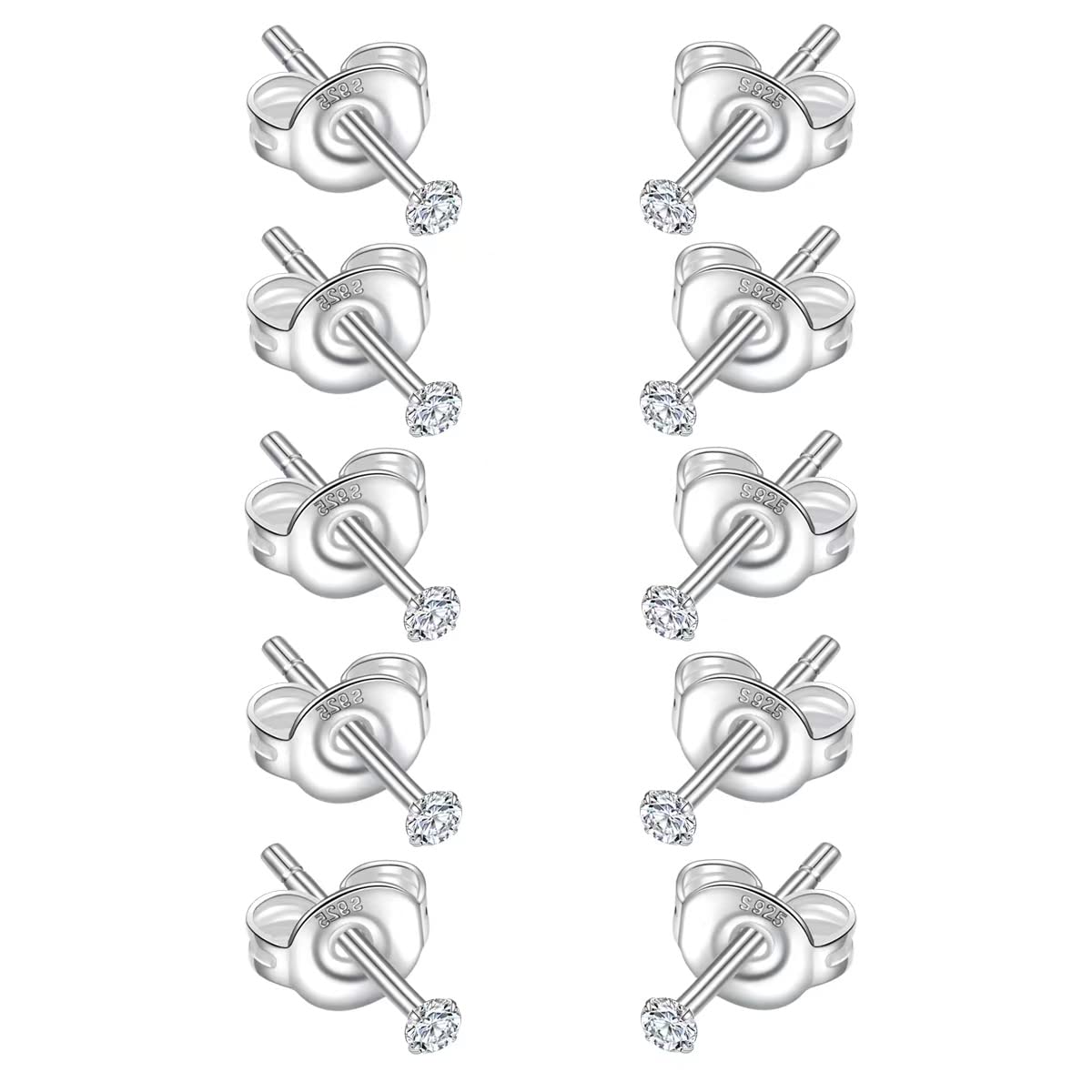 925 Sterling Silver Tiny 2mm Stud Earrings for Women: 5 Pairs Cartilage Helix Hypoallergenic Stud Earrings Clear Round CZ Stud Earrings Set for Women Multiple Piercing