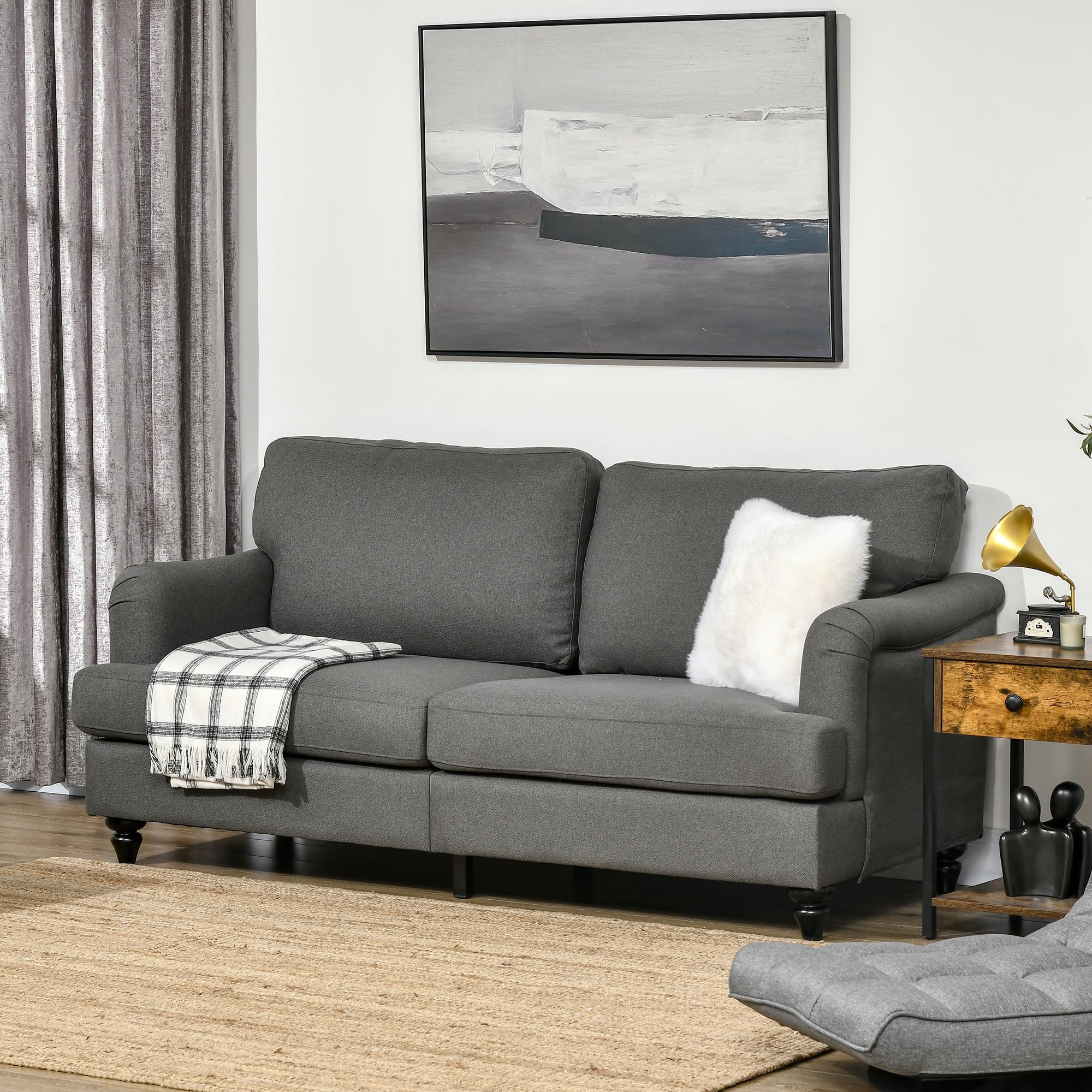 HOMCOM Modern 3-Seater Sofa for Bedroom, 71" Linen Fabric Couch with Slatted Frame and Rubber Wood Legs, Dark Gray
