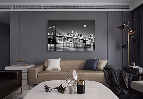 Baisuart-Q30369 Brooklyn Bridge Night View 1 Panels Landscape Artwork Canvas Prints Moon Night New York City Scene Picture Paintings Black and white Wall Art for Oiffce Home Decorations Wall Decor